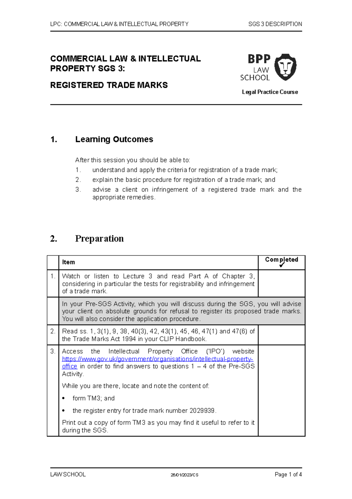 SGS 3 Description - Registered trade marks - LPC: COMMERCIAL LAW ...