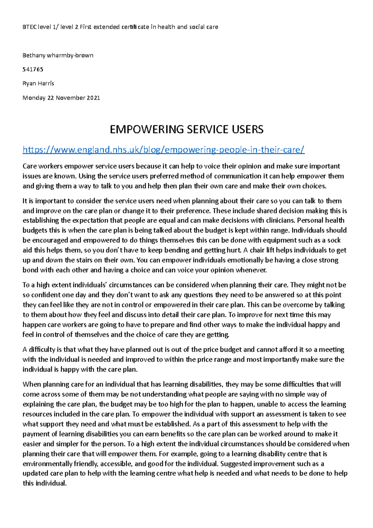 Empowering service user assignment - BTEC level 1/ level 2 First ...