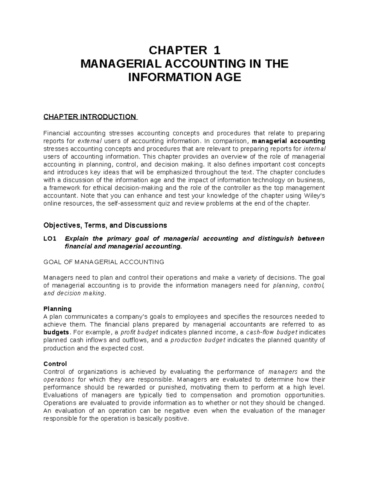 Ch01 - Summary Managerial Accounting - CHAPTER 1 MANAGERIAL ACCOUNTING ...