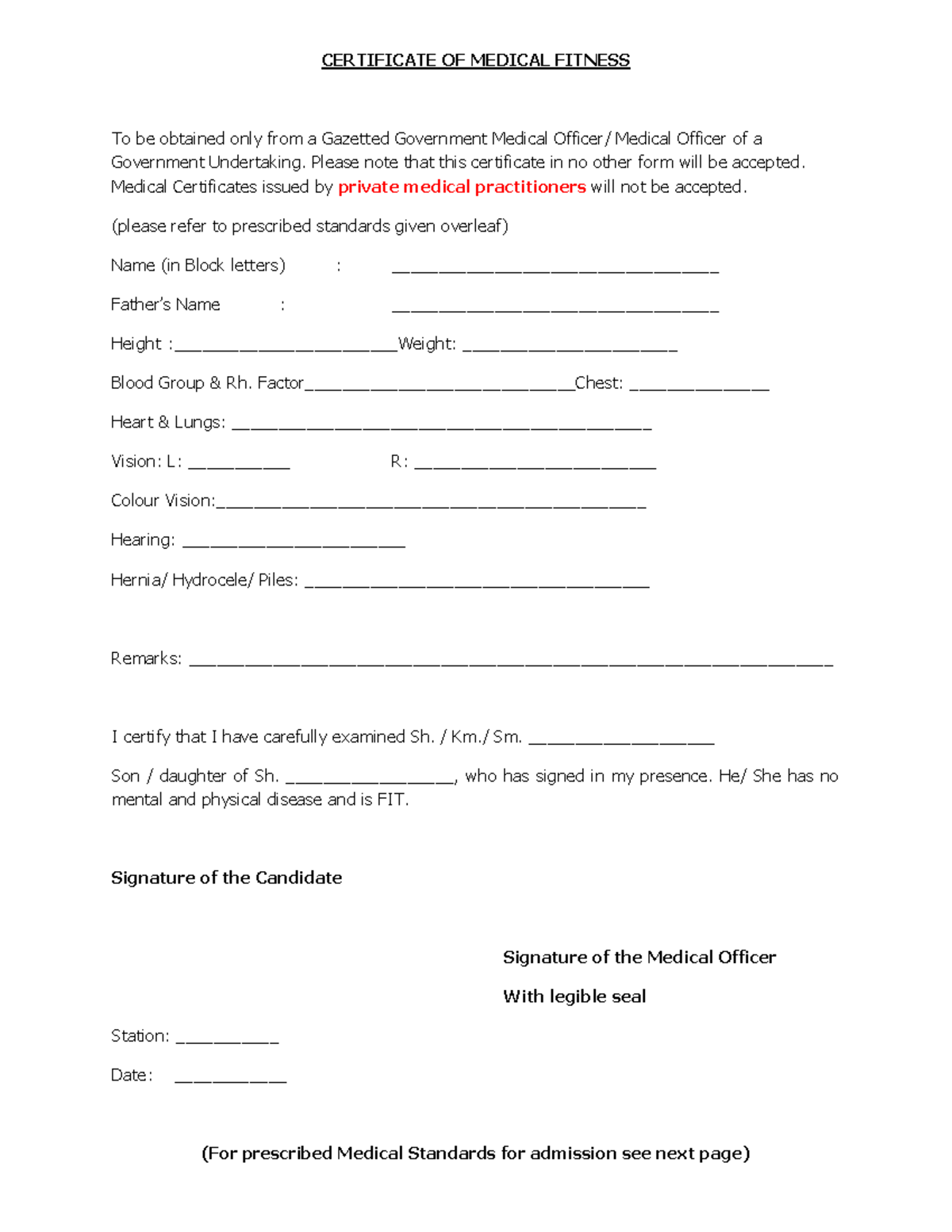 Medical fitness format - CERTIFICATE OF MEDICAL FITNESS To be obtained ...
