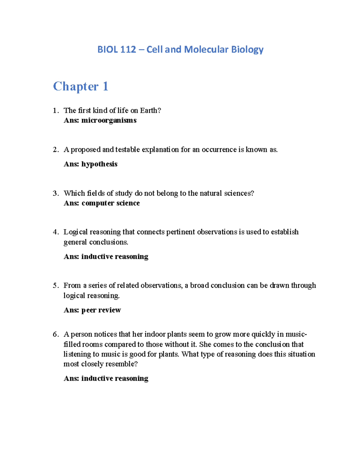 Biology 112 Chapter 1 - (EXAM PREP) - BIOL 112 – Cell and Molecular ...