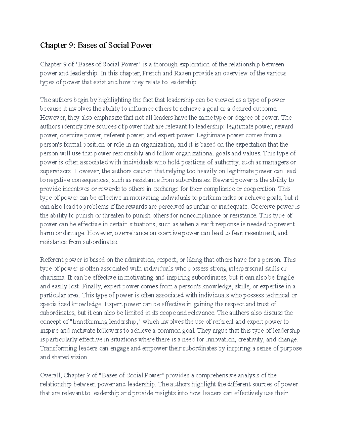 POSC 020 Week 2 Readings - Chapter 9: Bases of Social Power Chapter 9 of "Bases of Social - Studocu