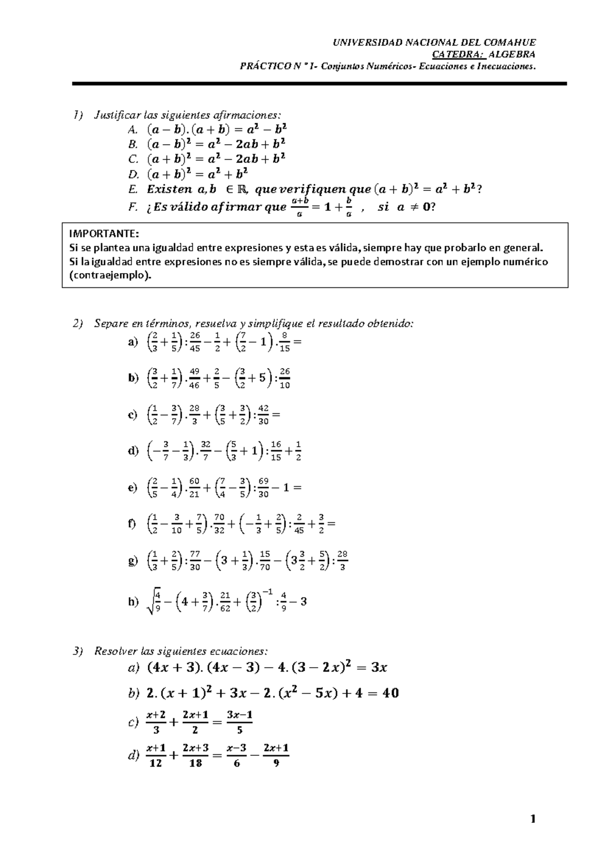 Conjuntos numericos TP - CATEDRA: ALGEBRA PRÁCTICO N º 1 - Conjuntos Numéricos- Ecuaciones e ...