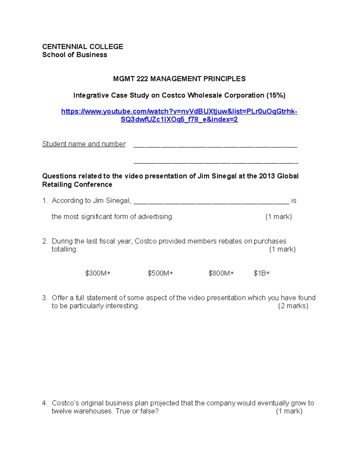 MGMT 222 Integrative Case Study - CENTENNIAL COLLEGE School of Business ...