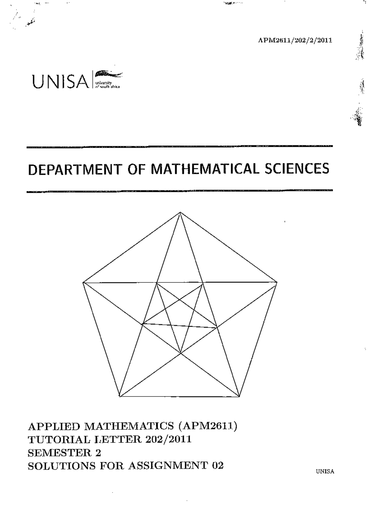 202 2 2011 - SOLUTIONS - UNISA university of south africa DEPARTMENT OF ...
