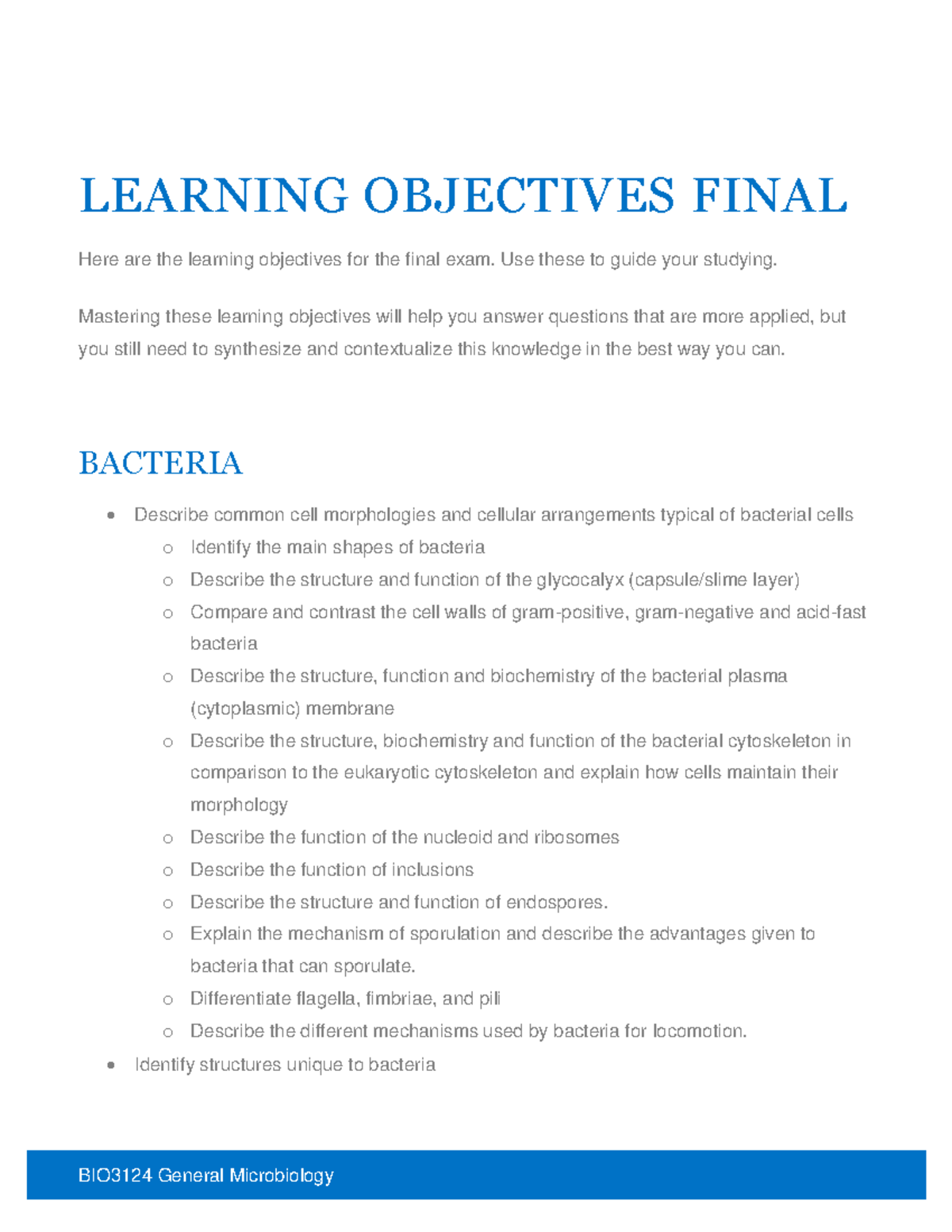 Learning objectives final exam 2022 - BIO3124 General Microbiology ...
