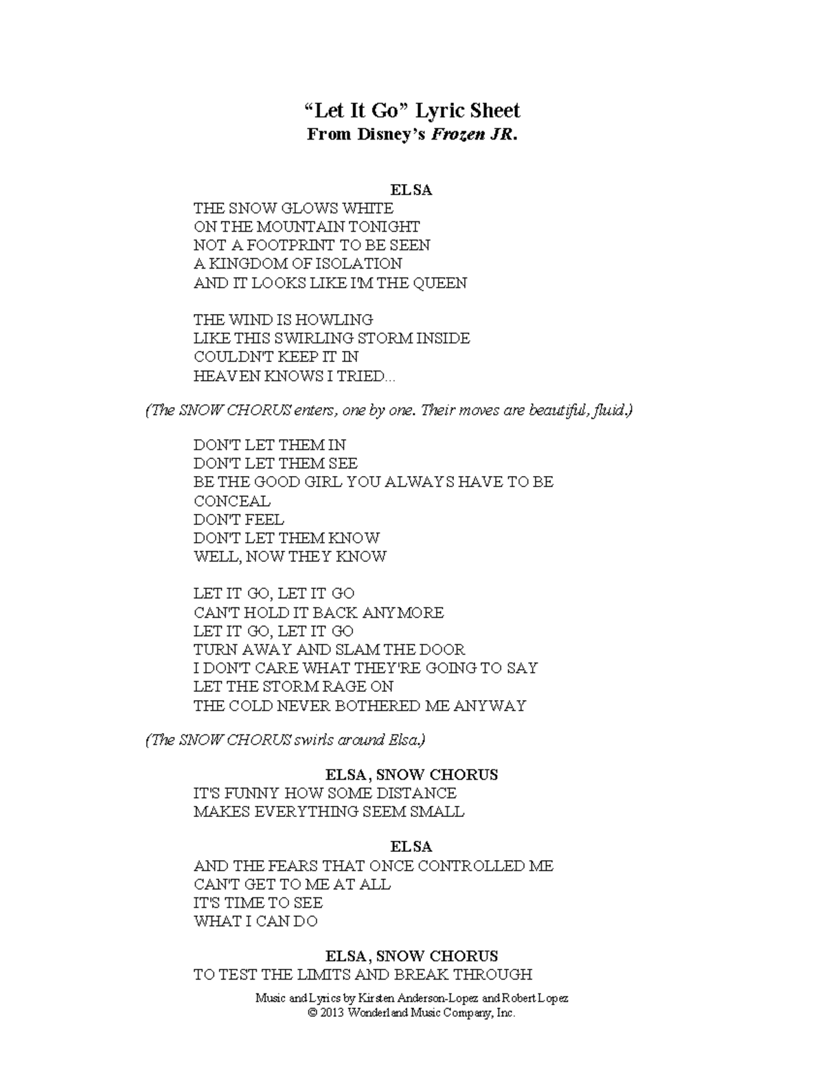 Let it go lyric sheet - canción - Music and Lyrics by Kirsten Anderson-Lopez and Robert Lopez ...