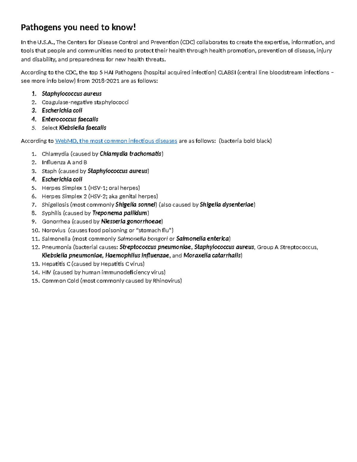 Pathogens you need to know - S., The Centers for Disease Control and ...
