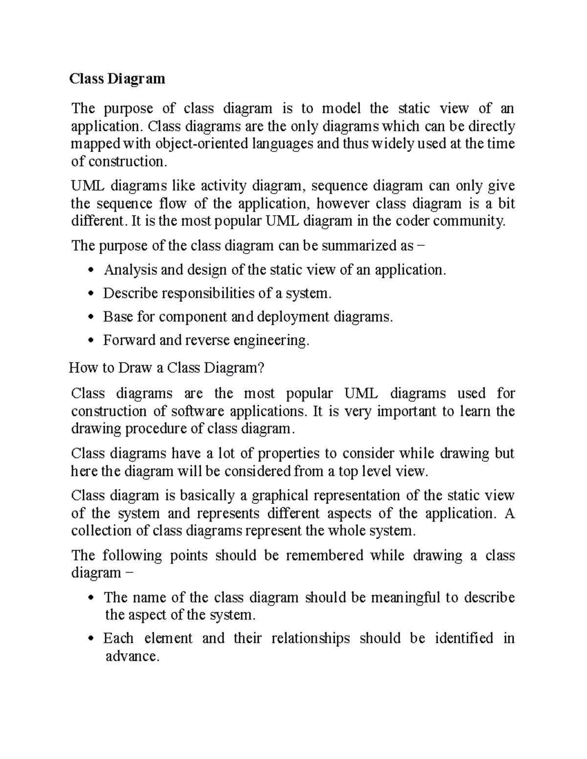 Lecture Notes 6 - Class Diagram The purpose of class diagram is to ...