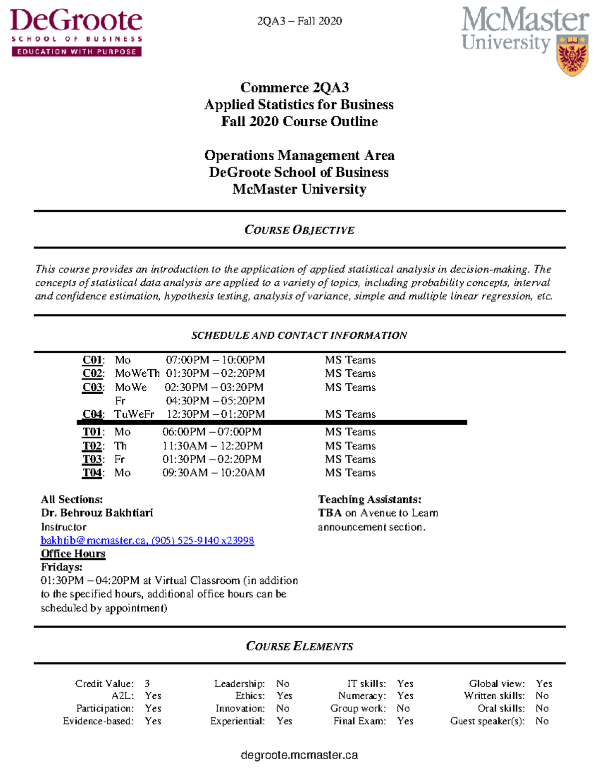 Commerce 2QA3 Course Outline - Fall 2020 - Warning: TT: undefined ...