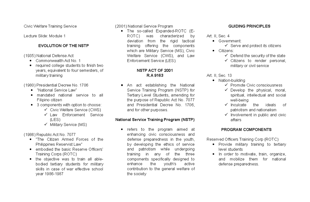 Module 1 Notes - EVOLUTION OF THE NSTP hope it helps - Civic Welfare ...