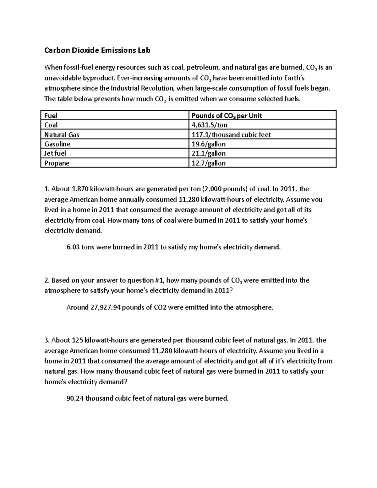 Carbon Dioxide Emissions Lab - Ever-increasing amounts of CO 2 have ...