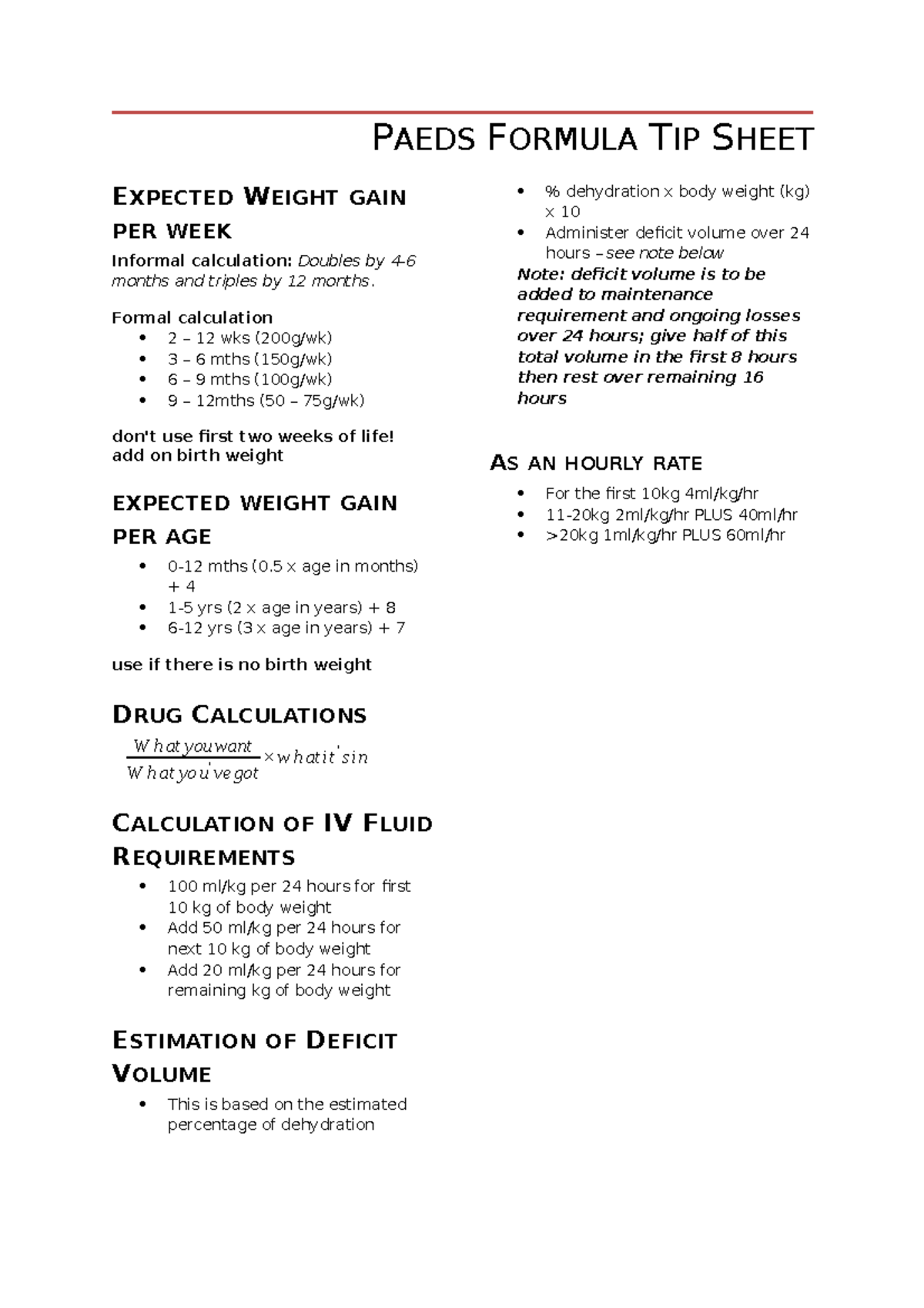 Paeds formula tip sheet - PAEDS FORMULA TIP SHEET EXPECTED WEIGHT GAIN ...
