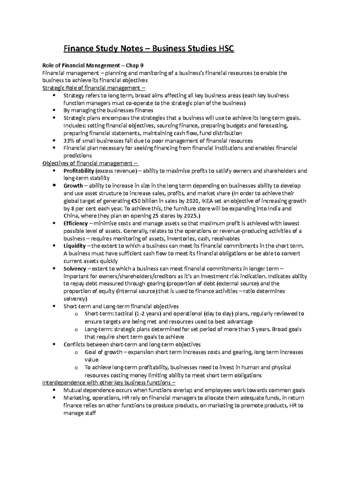 2020 BUS Finance Study Notes All Syllabus Dot Points - Finance Study ...