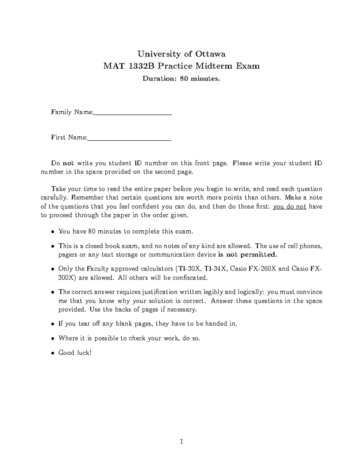 MAT 1332 Practice Midterm Exam 2 - University of Ottawa MAT 1332B ...