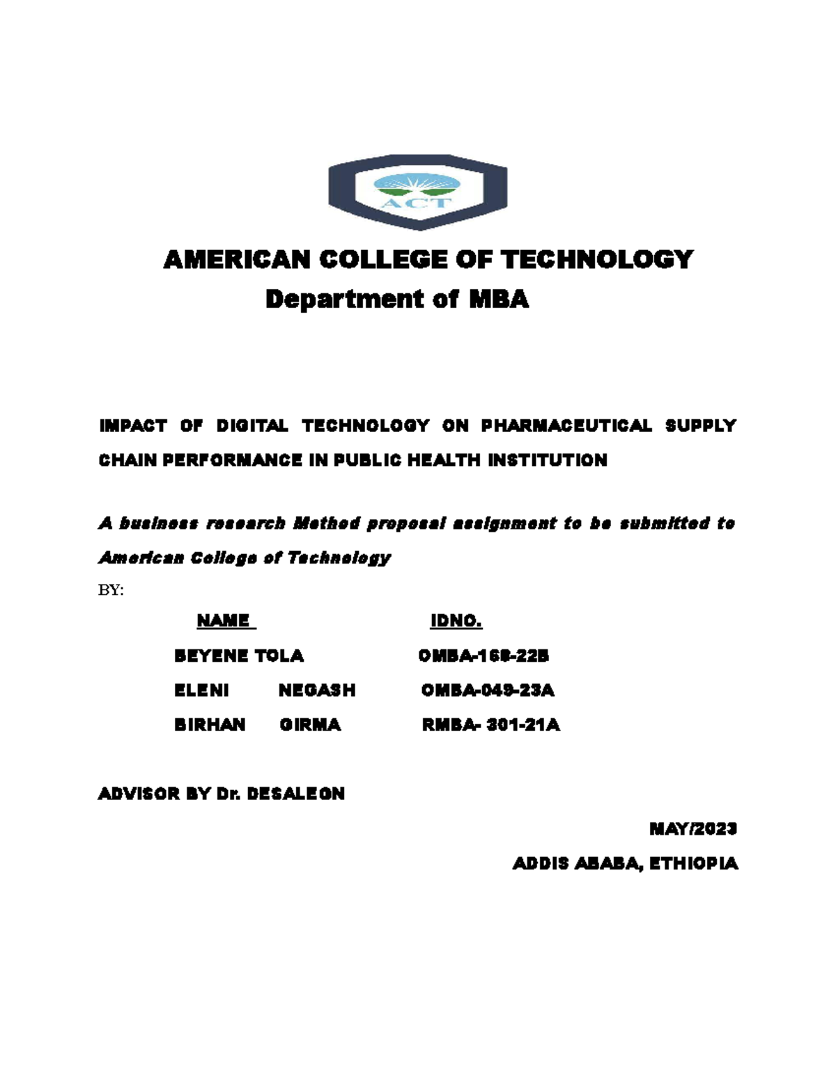 Online master group-3 assignment - AMERICAN COLLEGE OF TECHNOLOGY ...