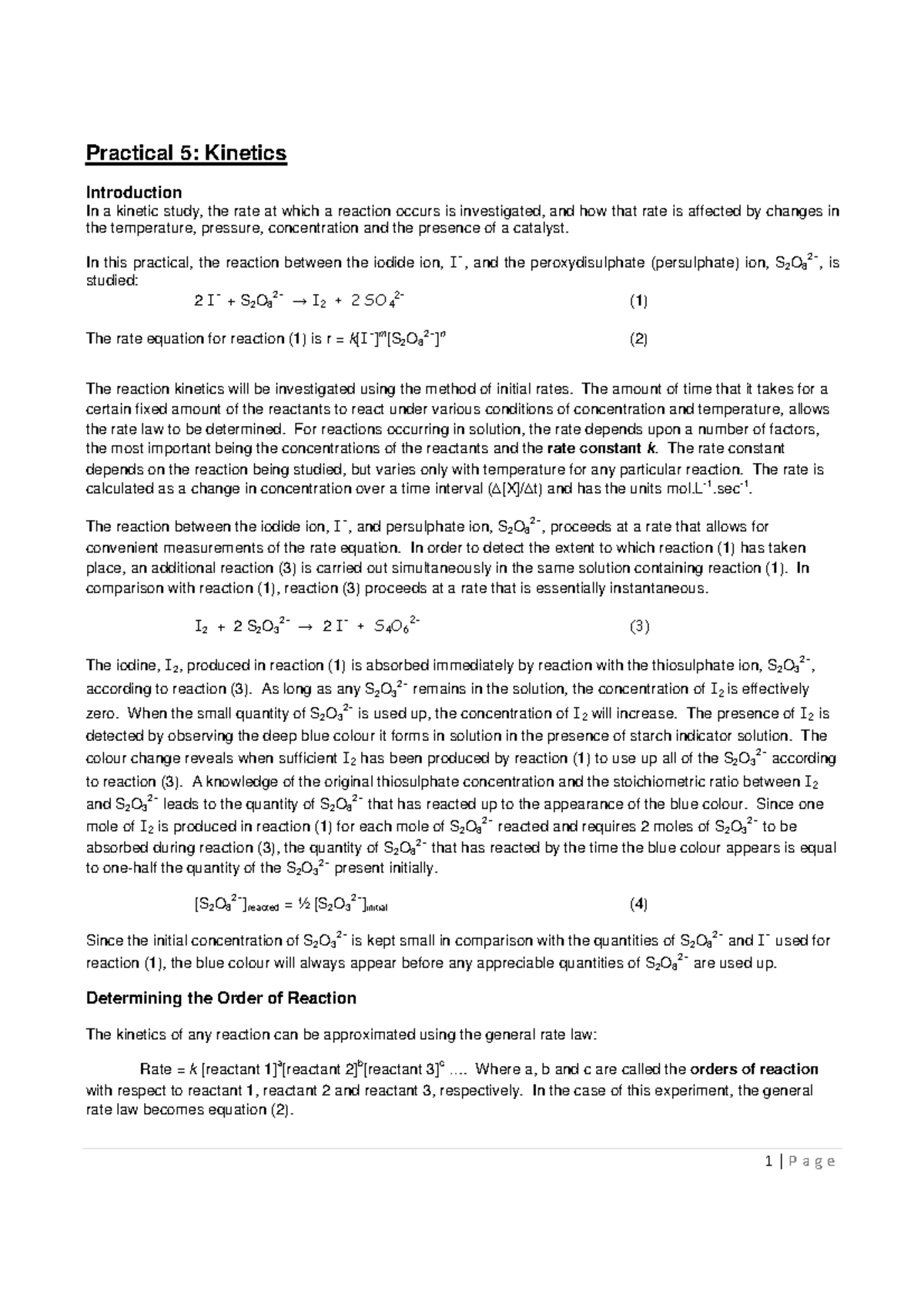 Kinetics Prac - Practical 5: Kinetics Introduction In a kinetic study ...