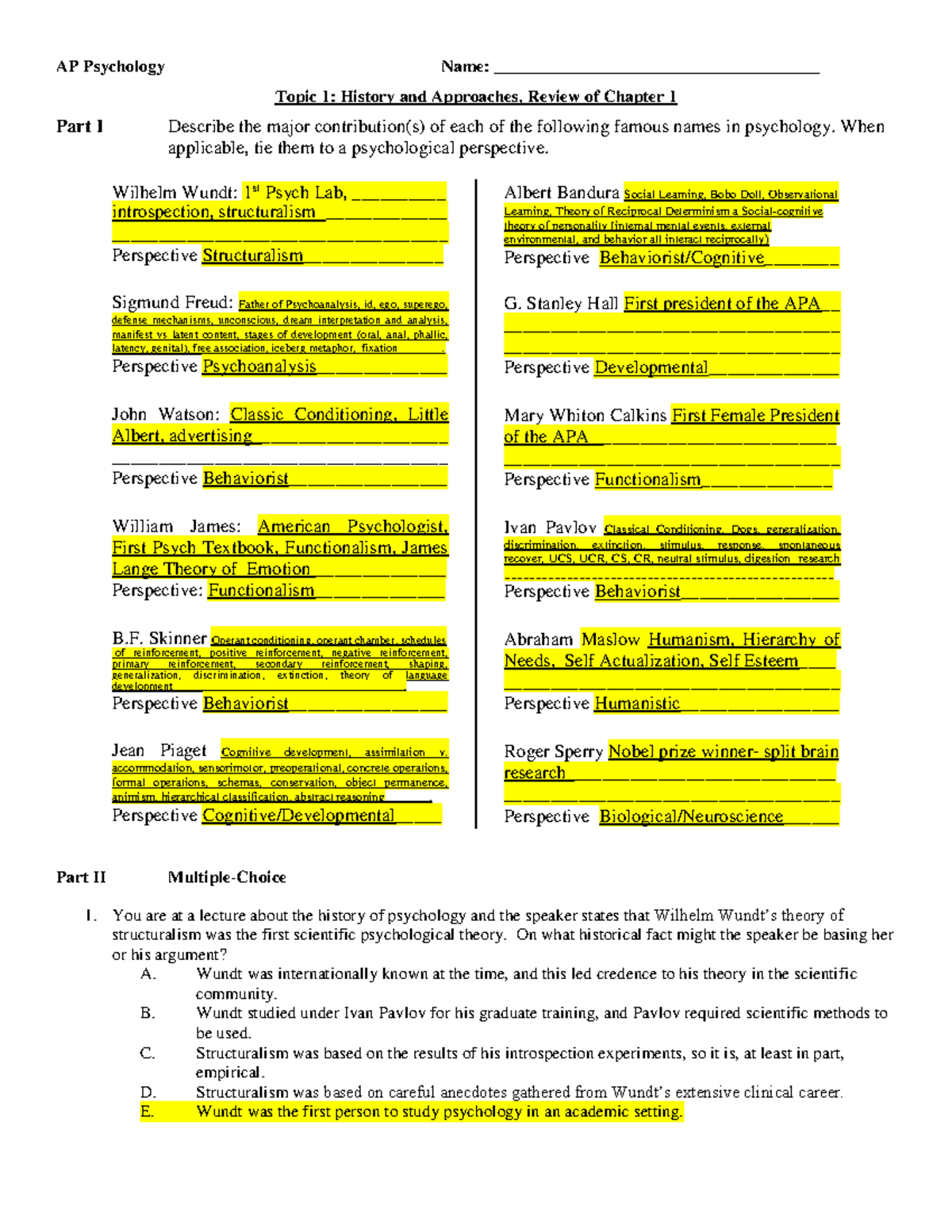 Guided Review - Topic 1: History and Approaches, Review of Chapter 1 ...