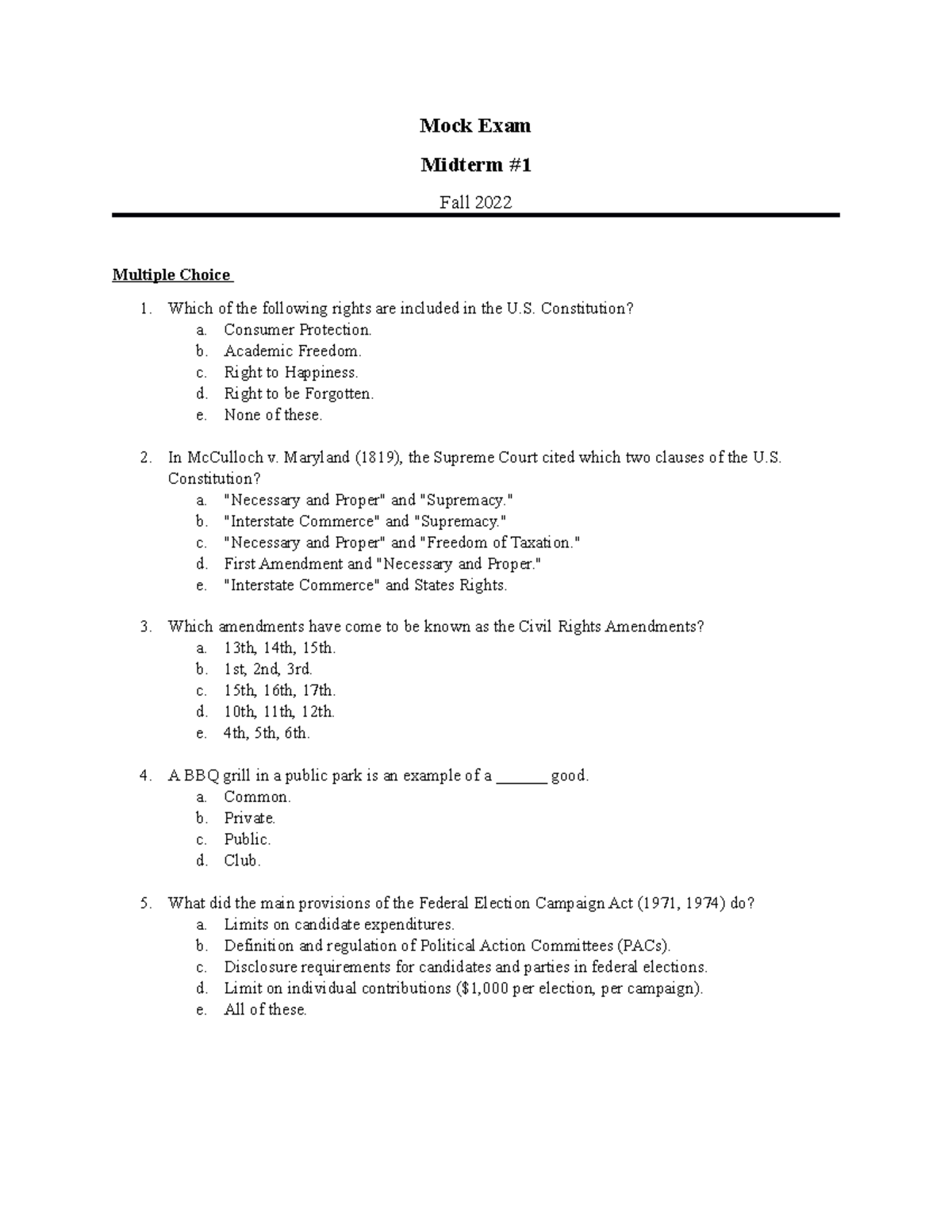 Mock Exam-Fall 2022 (Midterm #1) - Mock Exam Midterm Fall 2022 Multiple Choice Which of the ...