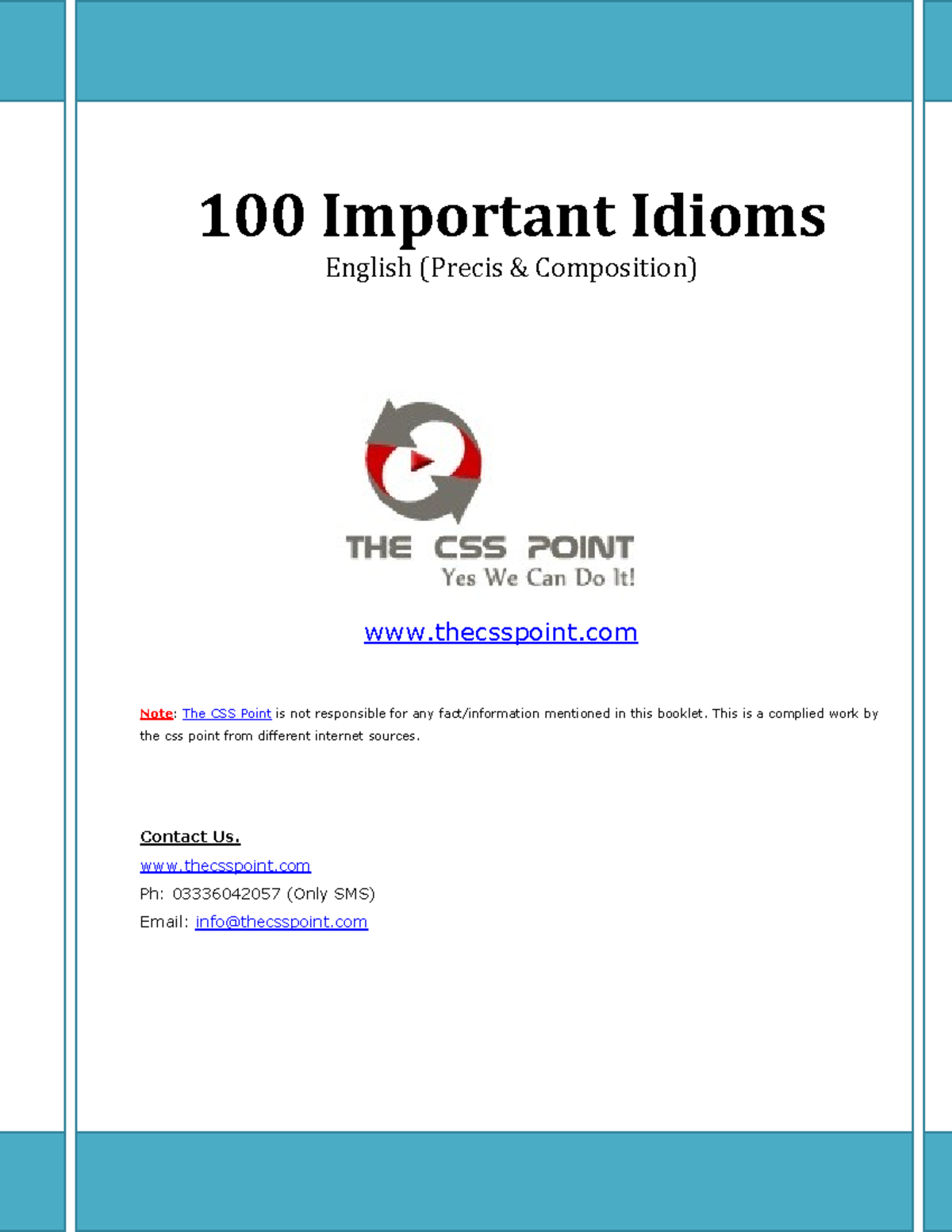 100 Important Idioms - aaaa - 100 Important Idioms English (Precis & Composition) thecsspoint ...