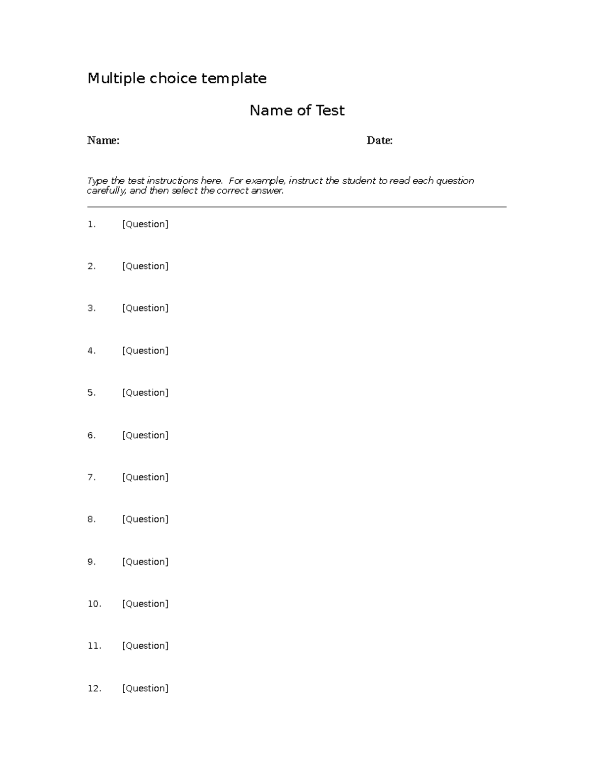 Multiple Choice Test - field study - Multiple choice template Name of ...