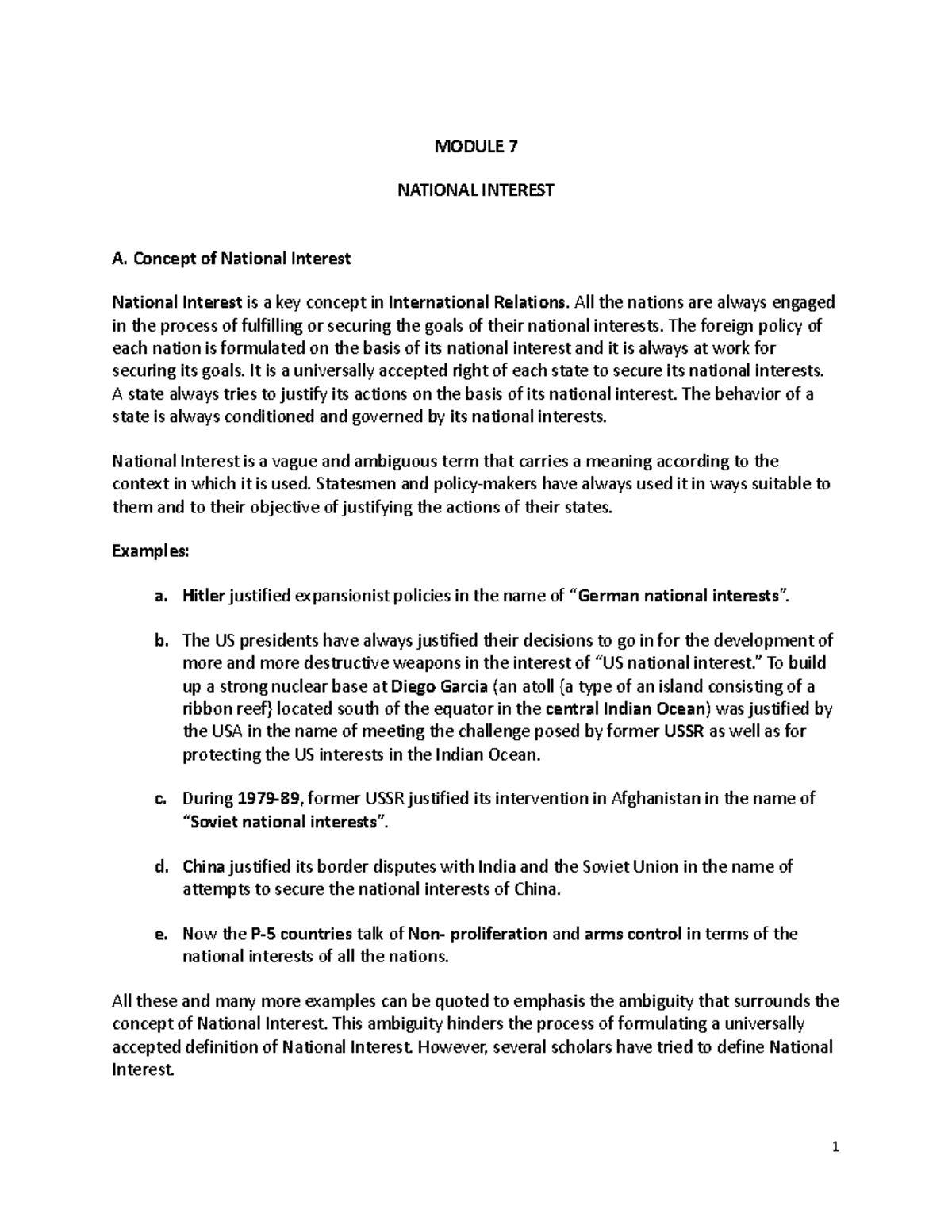 National Interest Module 7 - MODULE 7 NATIONAL INTEREST A. Concept of ...