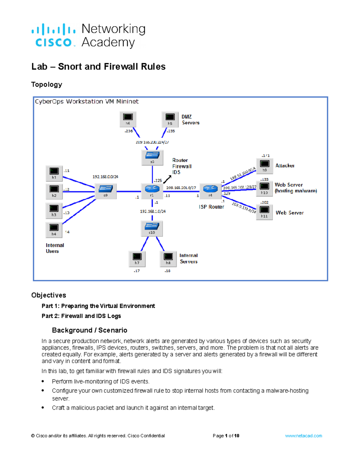 12.1.1.7 Lab Snort and Firewall Rules - Topology Objectives Part 1: Preparing the Virtual - Studocu
