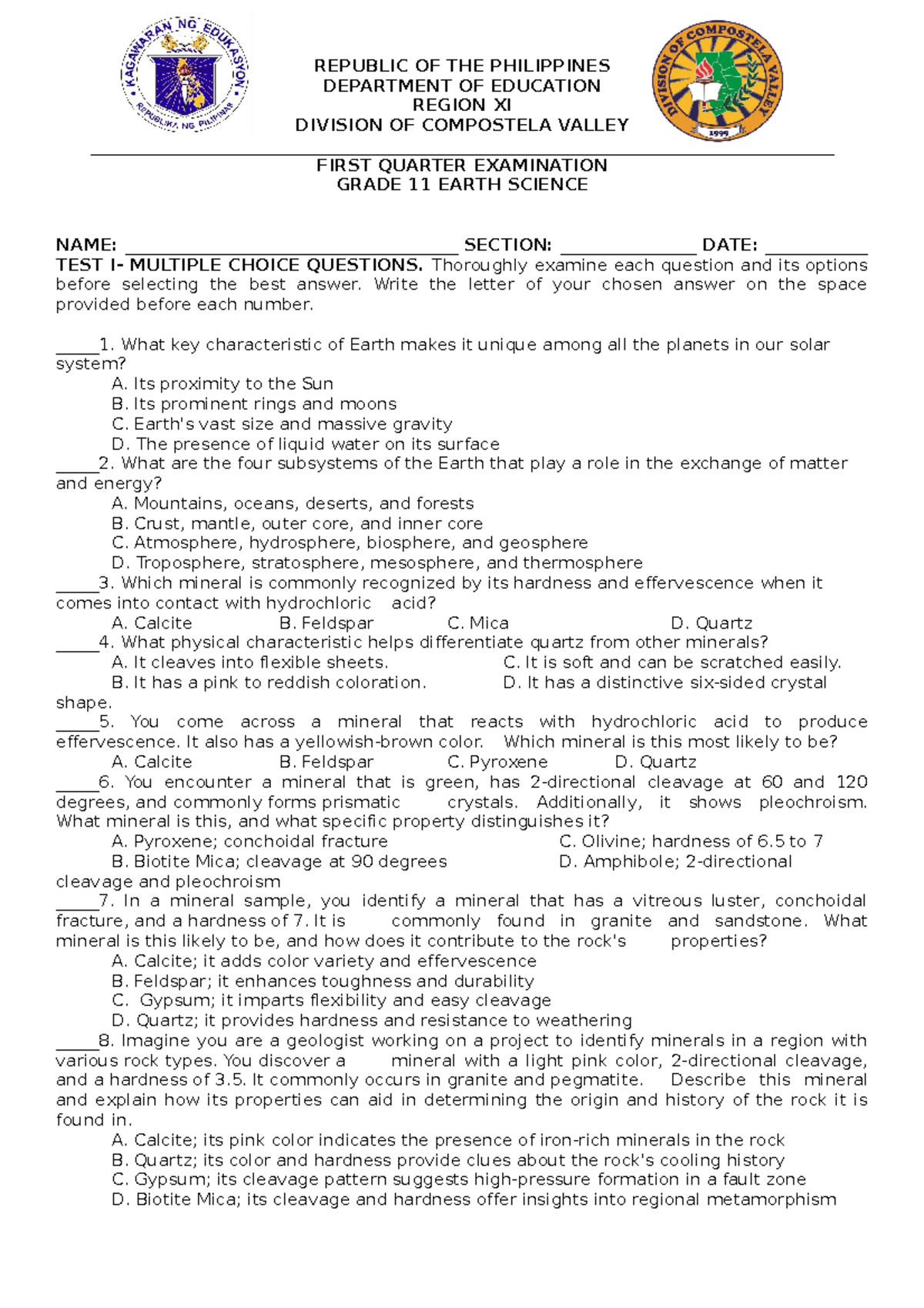 Q1EXAM Grade 11 - REPUBLIC OF THE PHILIPPINES DEPARTMENT OF EDUCATION ...