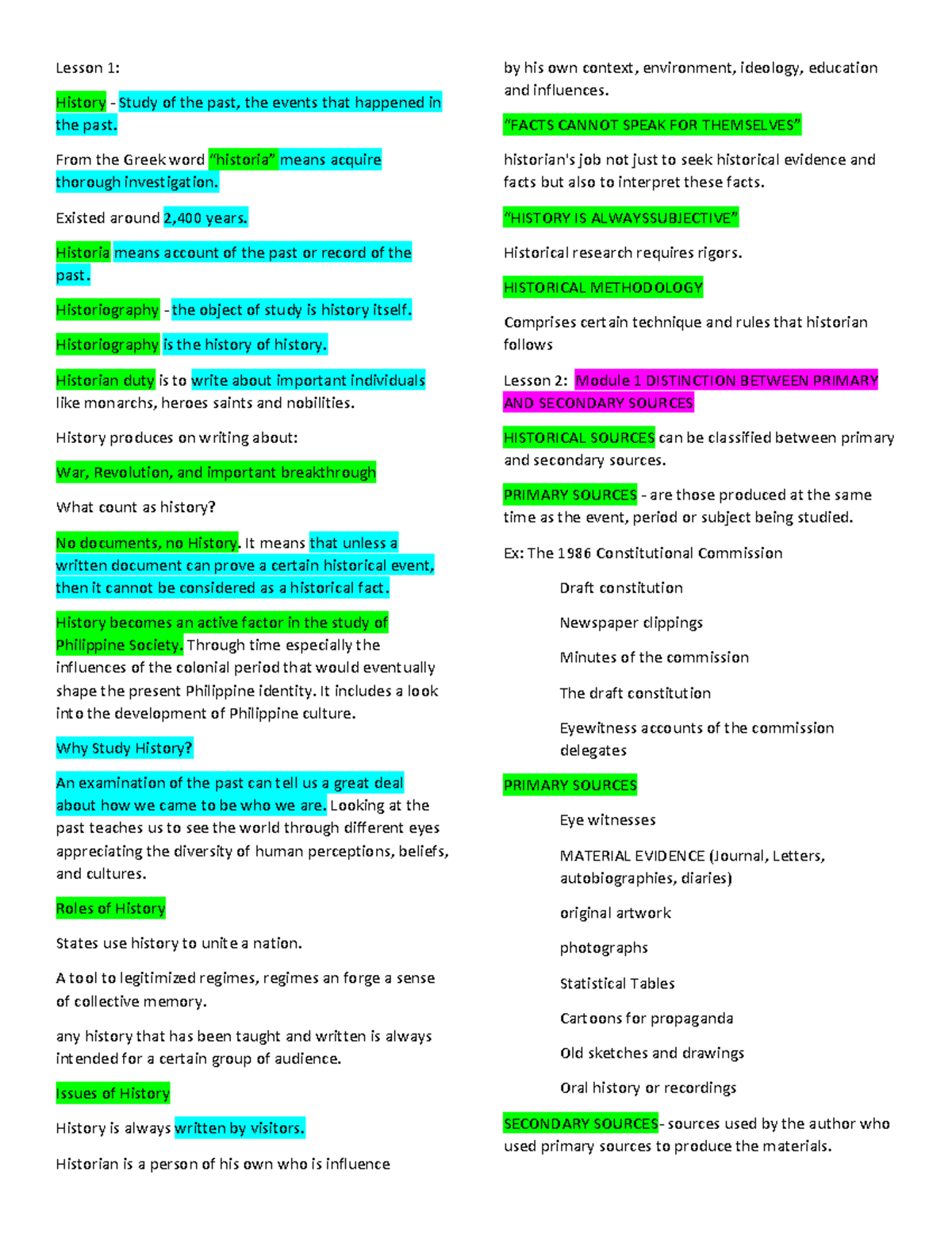 RPH Reviewer - rizal - Lesson 1: History - Study of the past, the ...