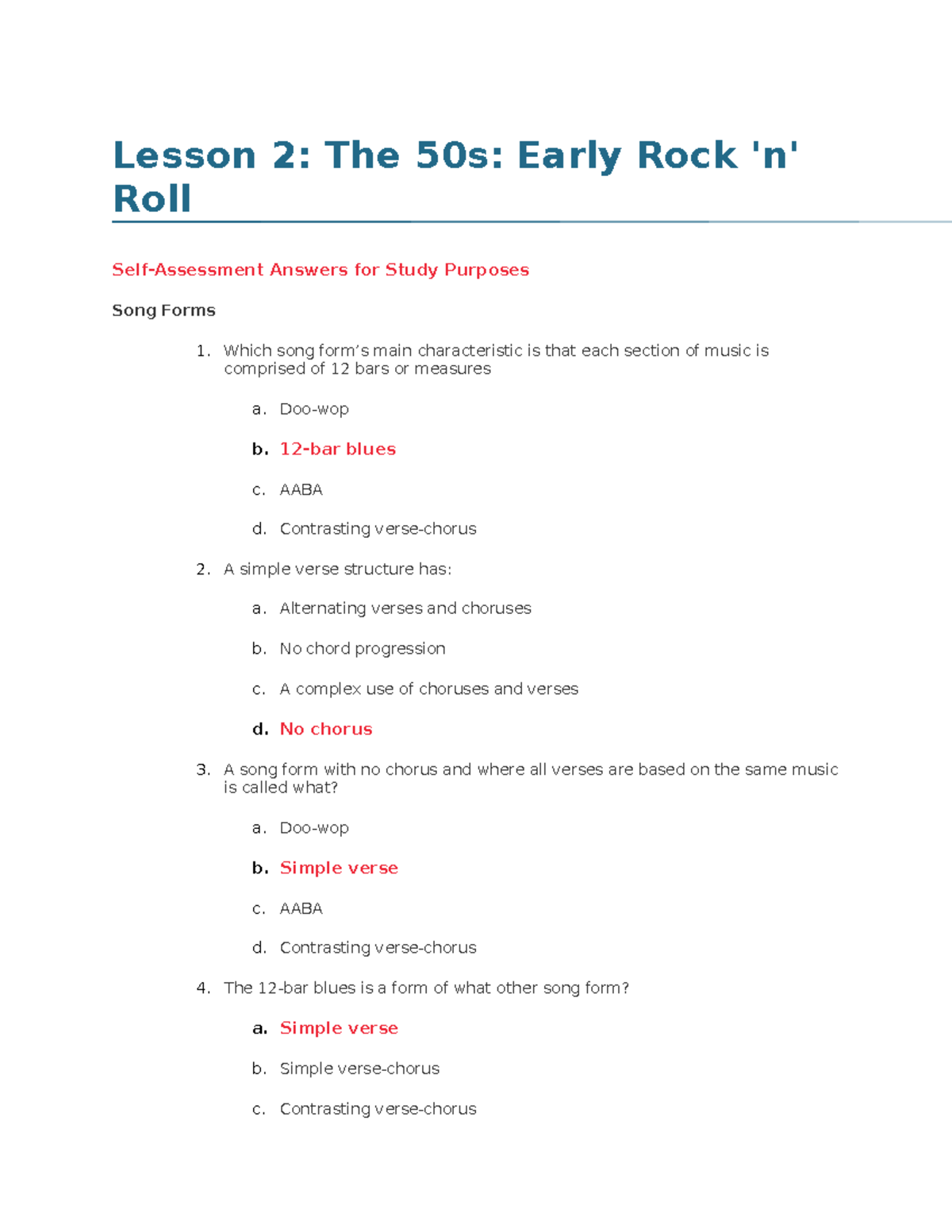 MU121 Self Assessment - notes for quizzes - Lesson 2: The 50s: Early ...