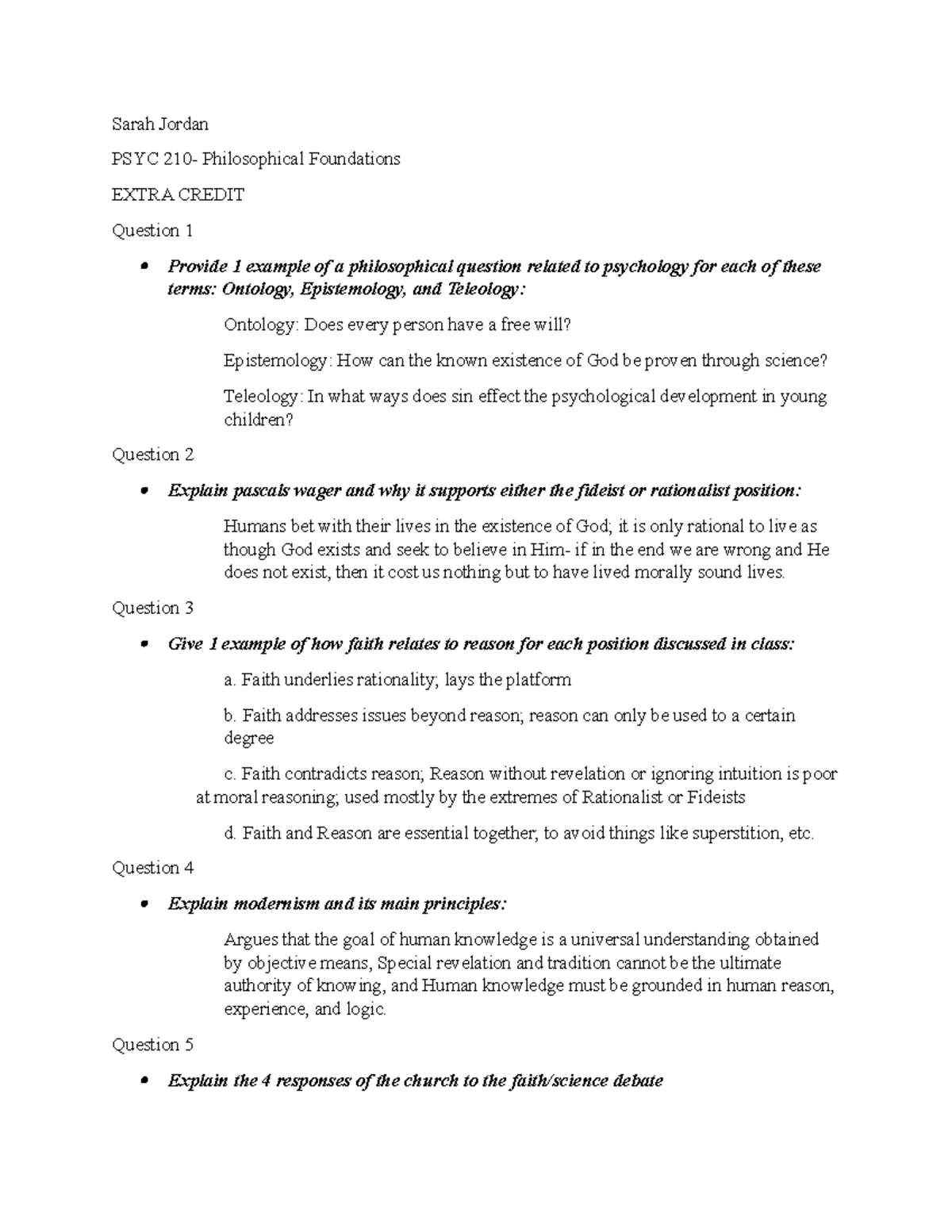 Extra Credit- Test 1 - Sarah Jordan PSYC 210- Philosophical Foundations ...
