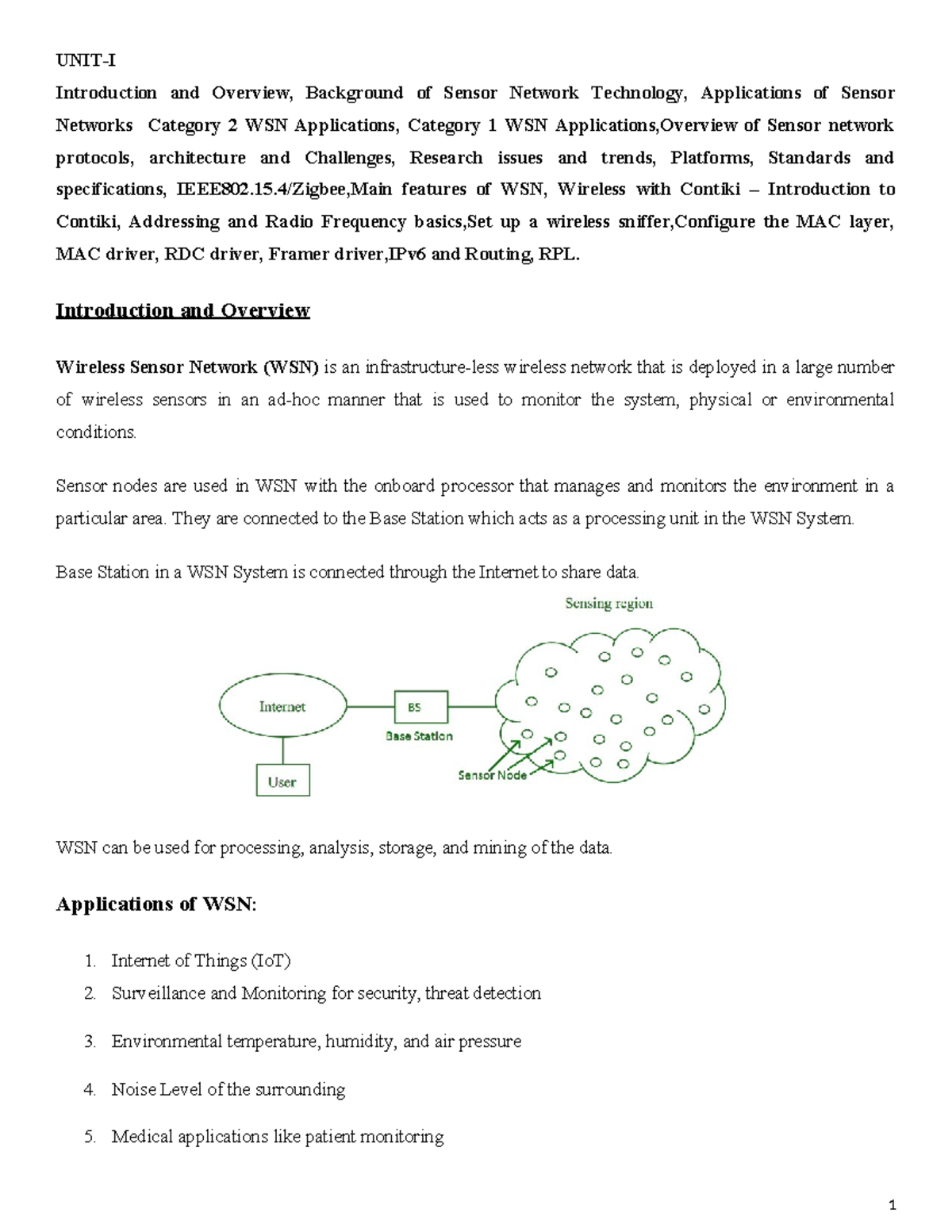 UNIT 1 WSN print - Notes - UNIT-I Introduction and Overview, Background ...