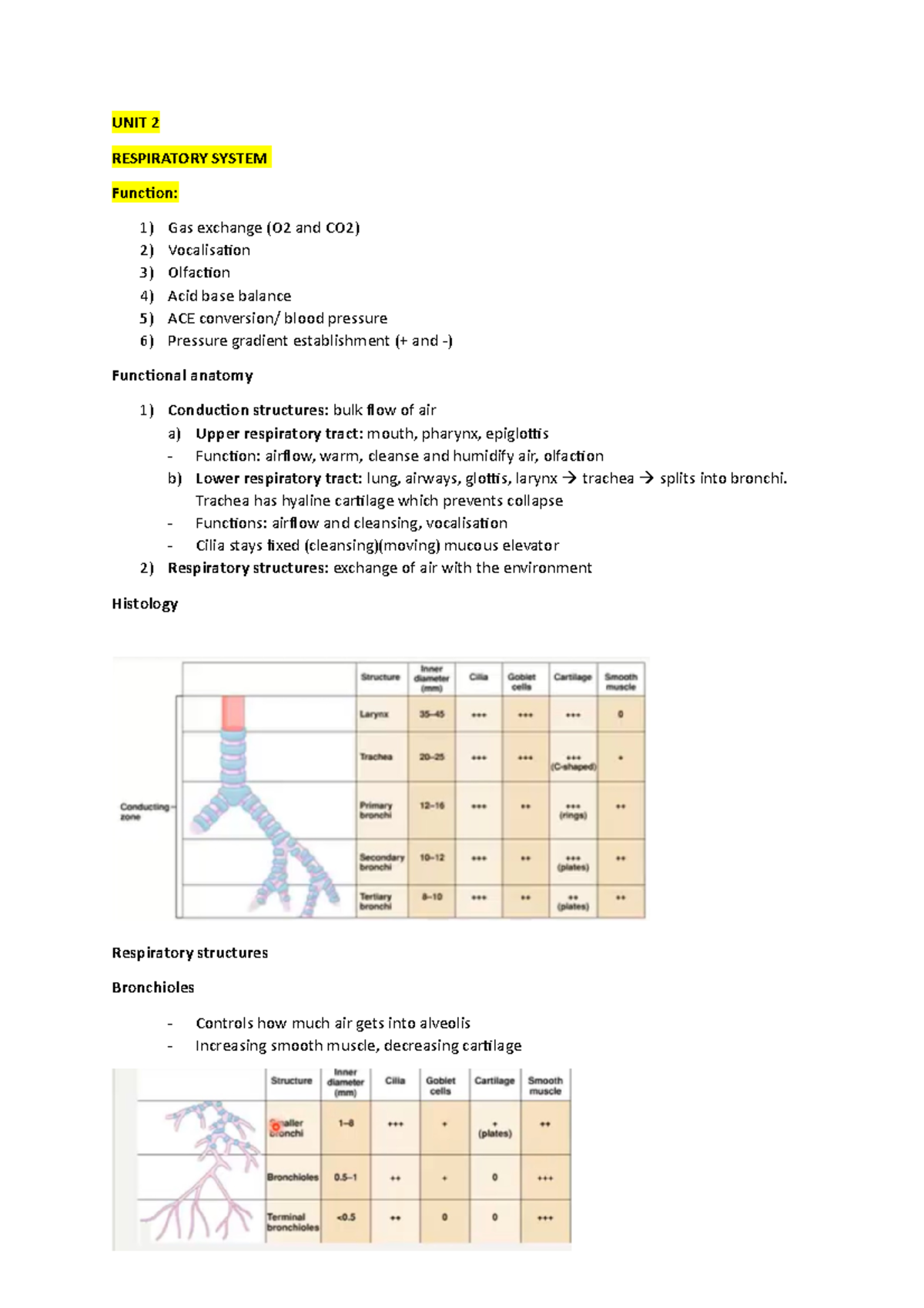 UNIT 2 EXAM Notes - UNIT 2 RESPIRATORY SYSTEM Function: Gas exchange ...