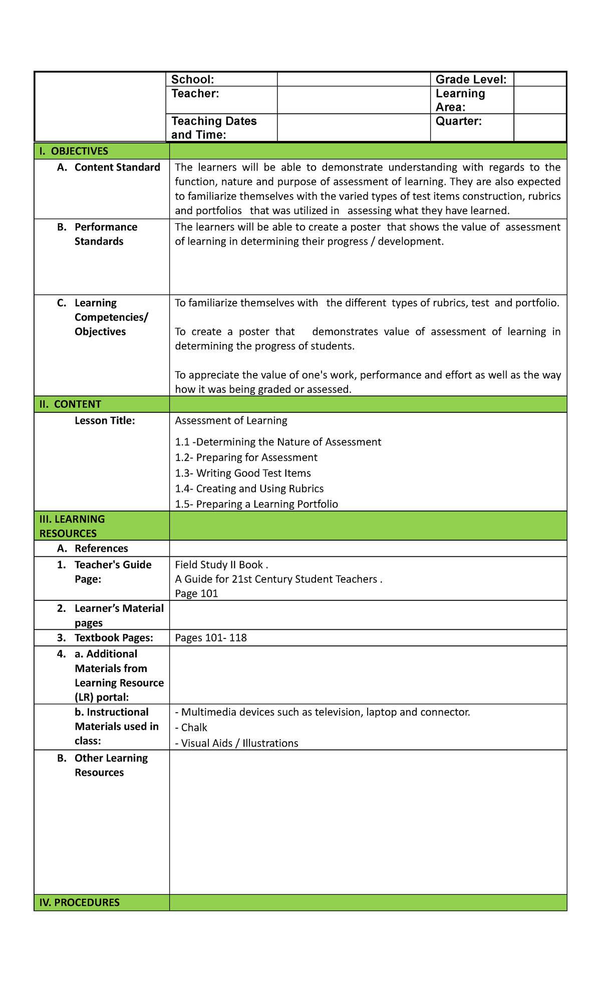 Assessment of Learning - School: Grade Level: Teacher: Learning Area ...