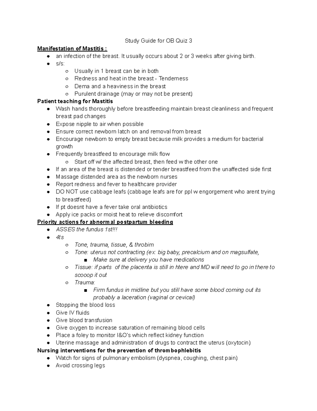 OB Study Guide Quiz #3 - Study Guide for OB Quiz 3 Manifestation of ...