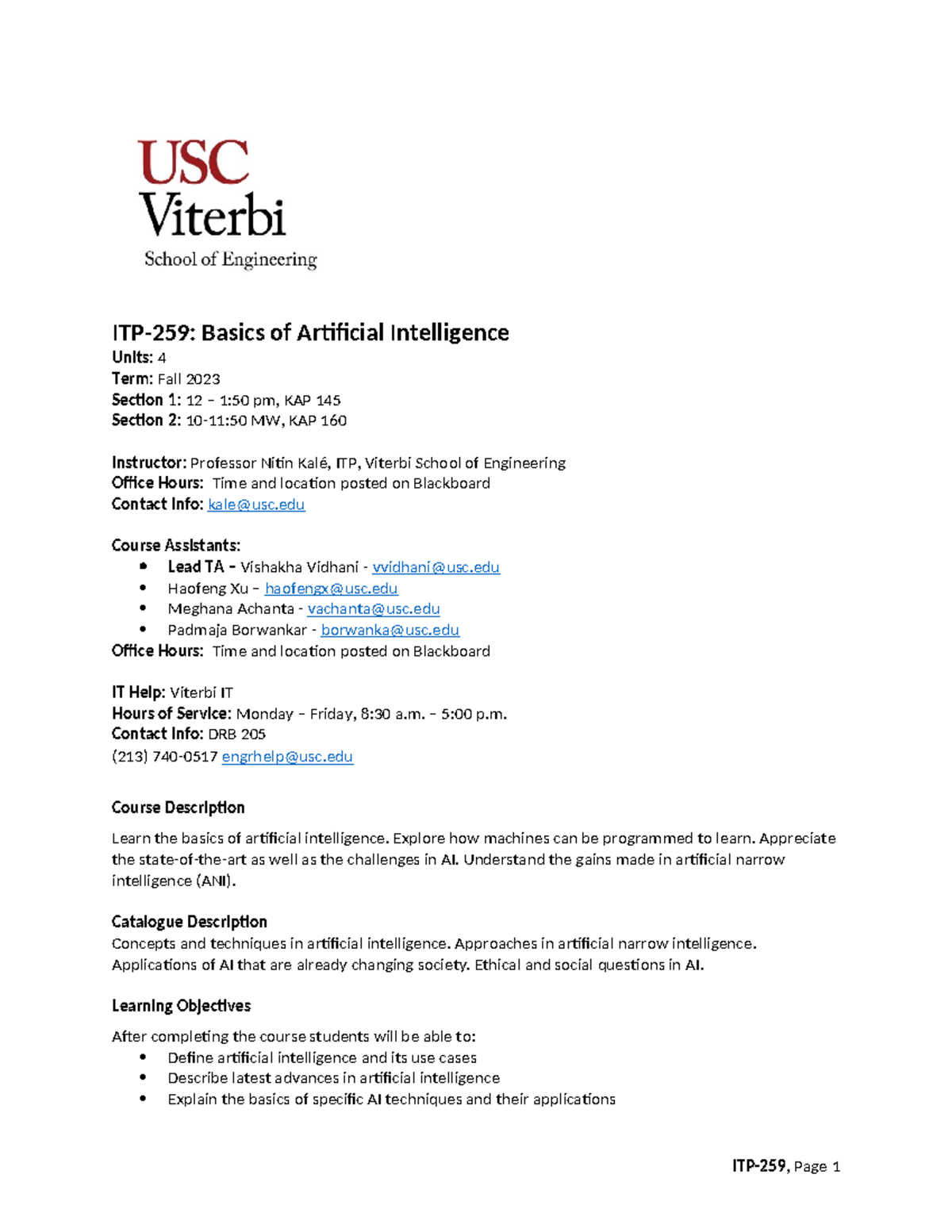 ITP 259 Fall 2023 - Summary Basics of AI - ITP-259: Basics of Artificial Intelligence Units: 4 ...