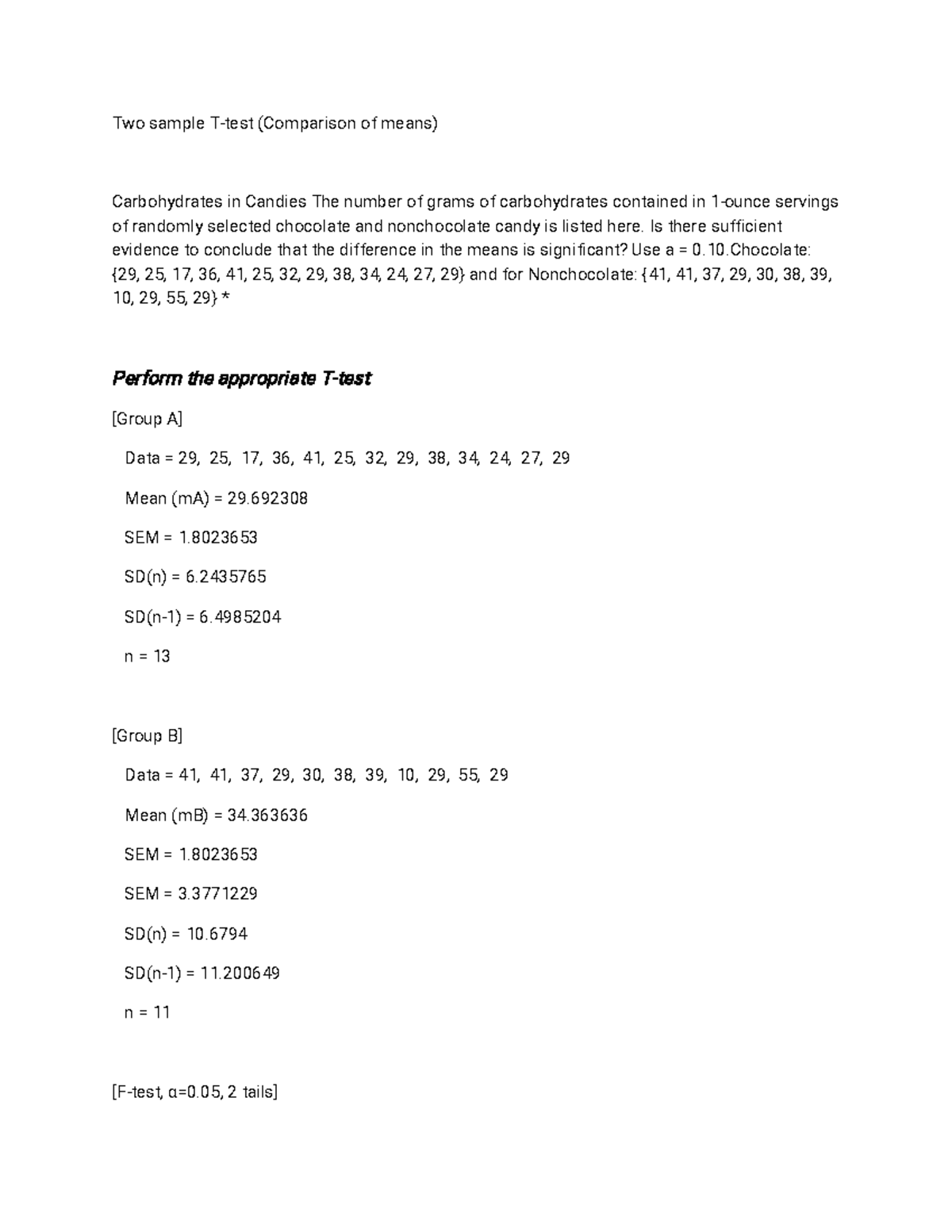 Carbohydrates.WPS Office - Two sample T-test (Comparison of means ...