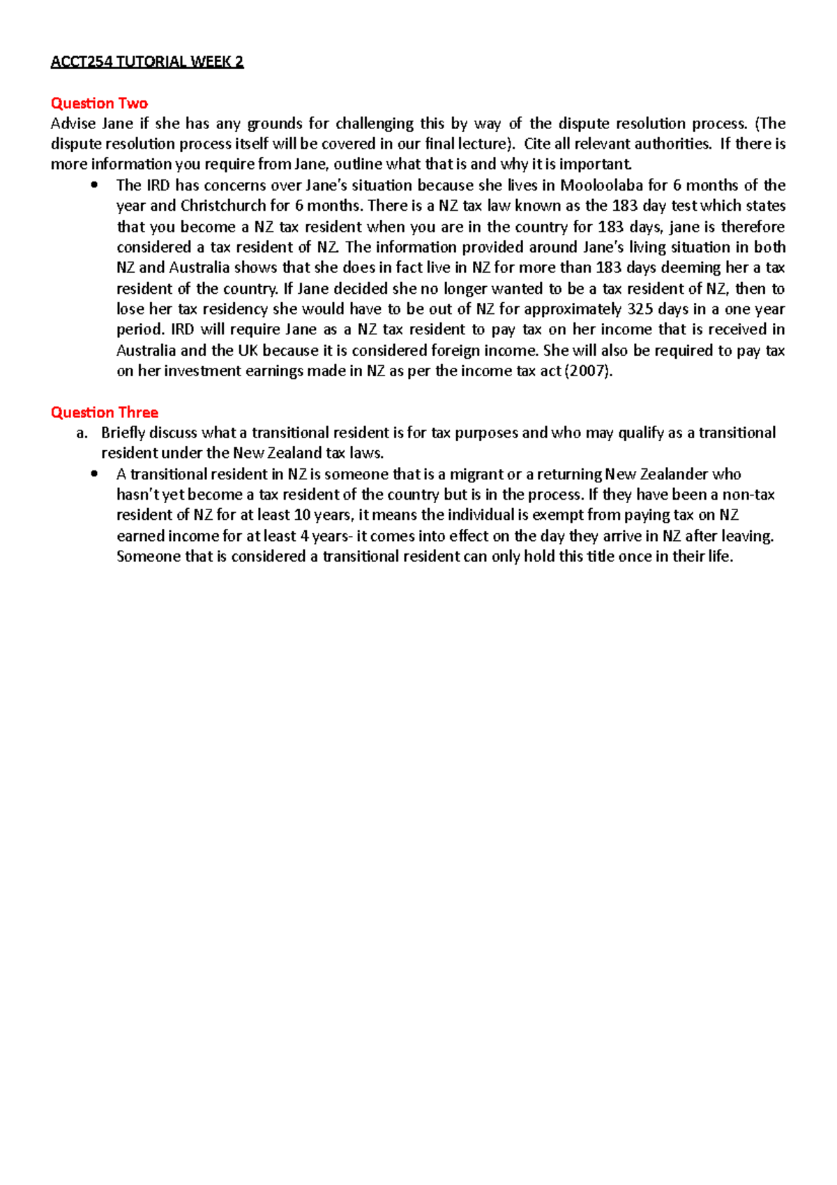 ACCT254 Tutorial WEEK 2 - ACCT254 TUTORIAL WEEK 2 Question Two Advise ...