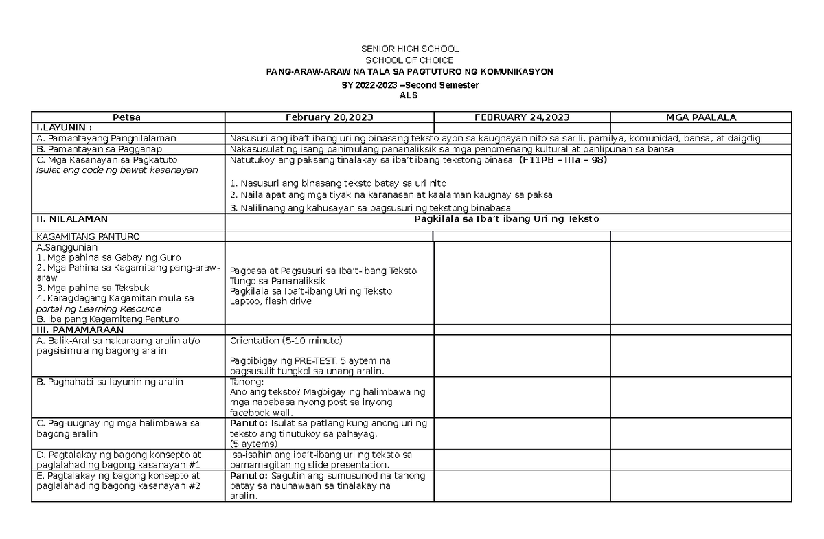 1 DLL- Pagbasa WEEK1 FEB20-24 - SENIOR HIGH SCHOOL SCHOOL OF CHOICE ...