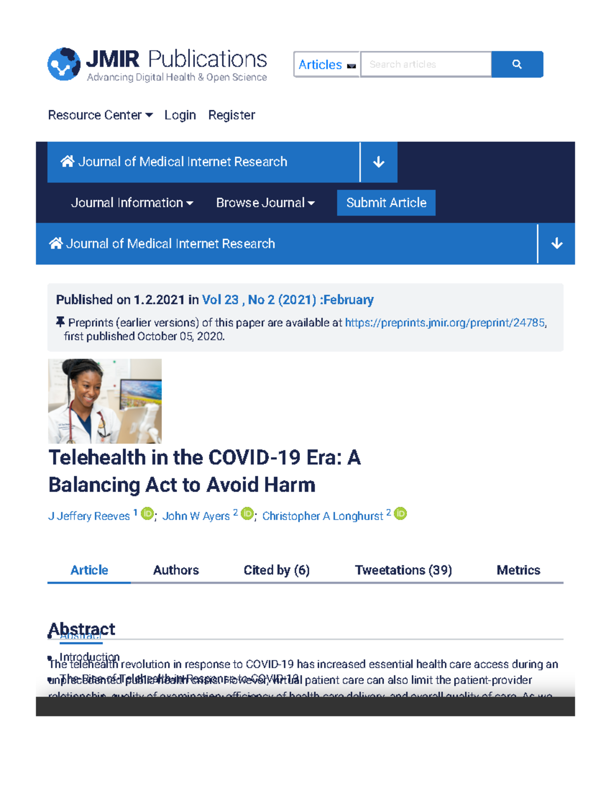 Telehealth - 2020 (Reeves et al.) "Journal of Medical Internet Research ...