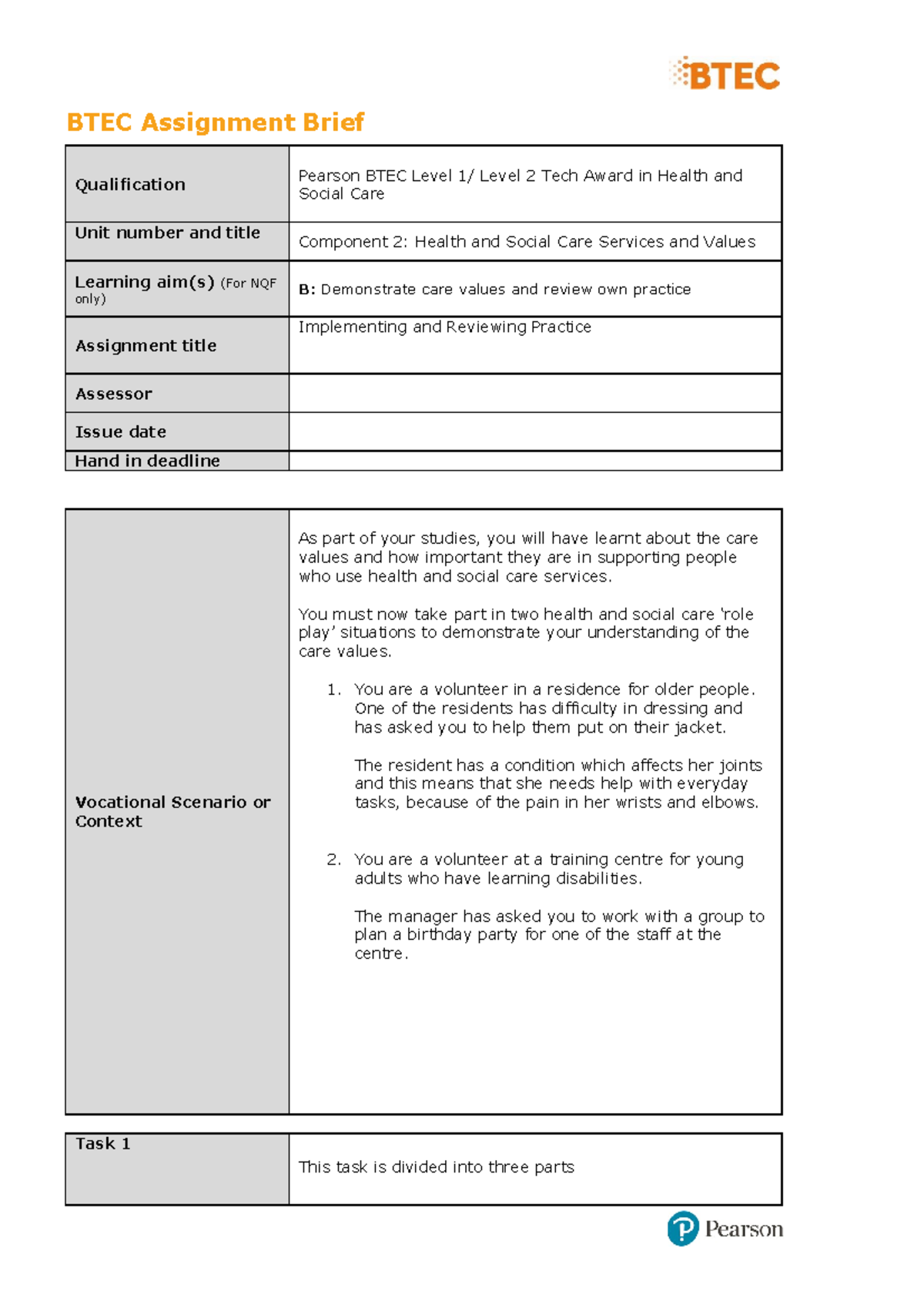 Component 2 sa 2 - based on care values - BTEC Assignment Brief ...