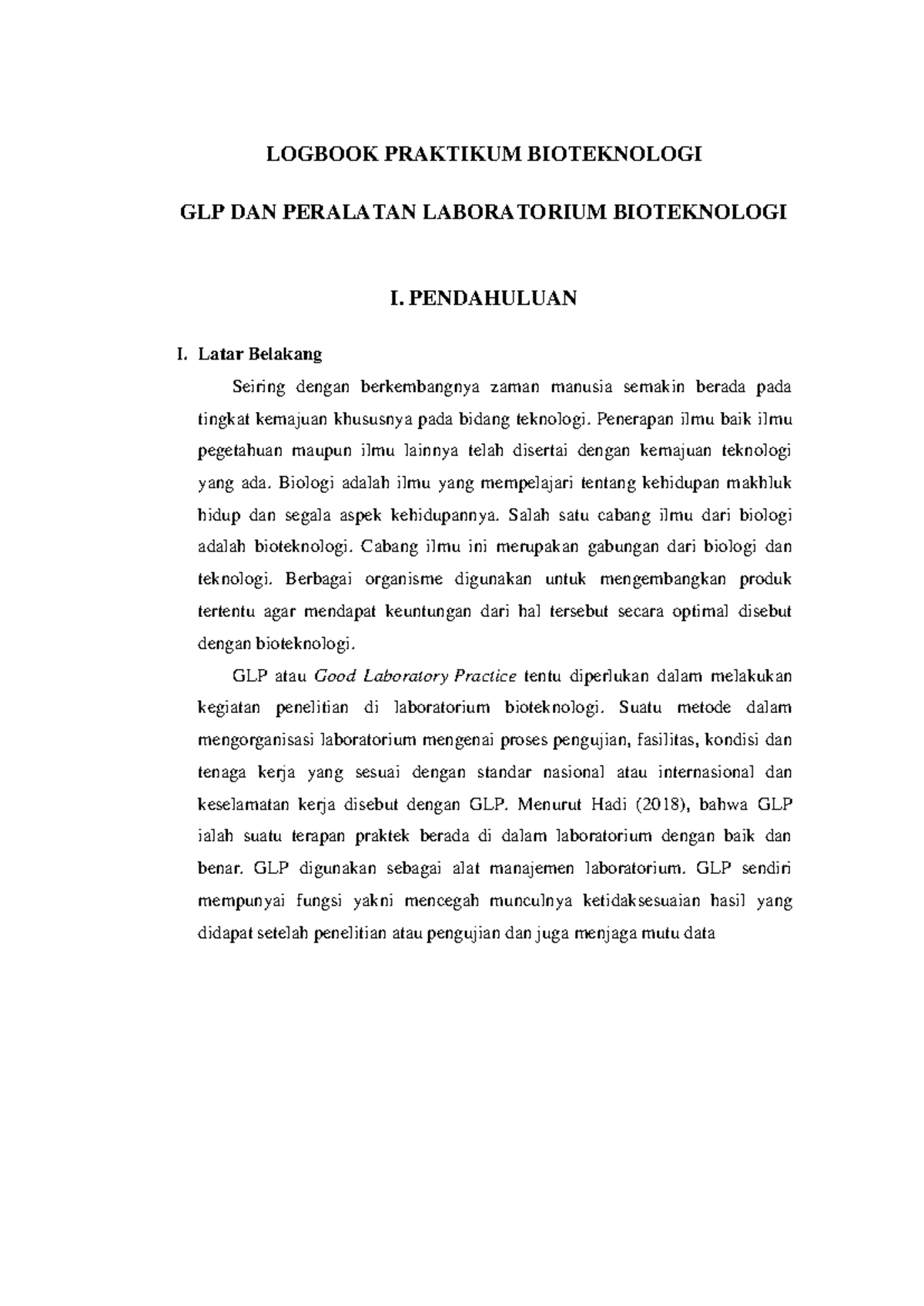 Logbook biotek GLP - LOGBOOK PRAKTIKUM BIOTEKNOLOGI GLP DAN PERALATAN ...