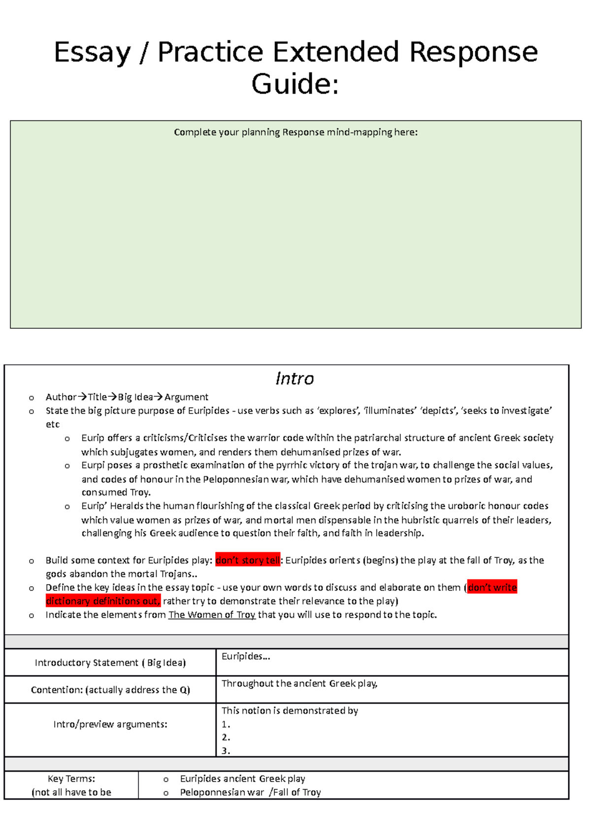 Essay Scaffold - Essay / Practice Extended Response Guide: Intro o ...