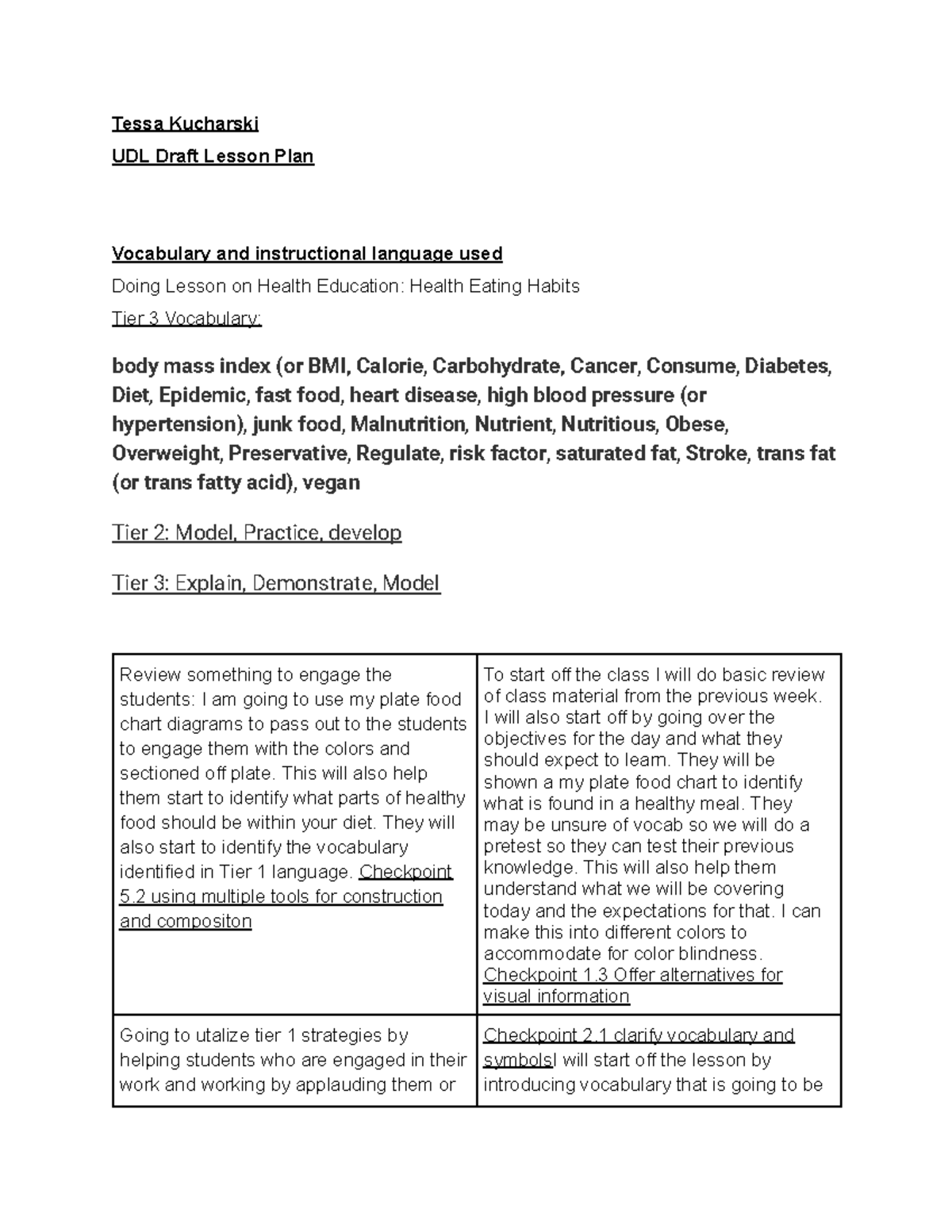Udl lesson draft - Tessa Kucharski UDL Draft Lesson Plan Vocabulary and ...