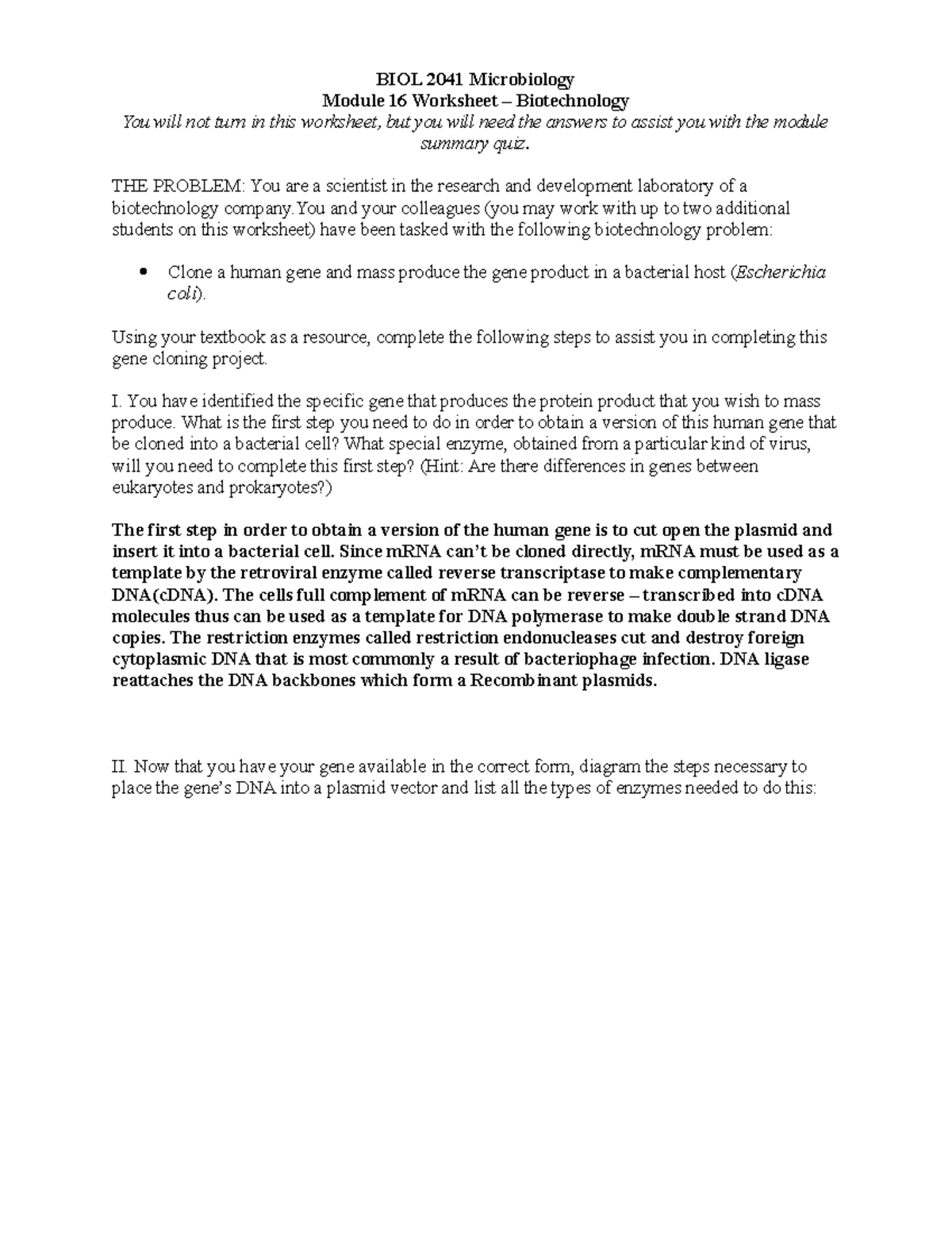 BIOL 2041 Module 16 Biotechnology Worksheet - BIOL 2041 Microbiology ...
