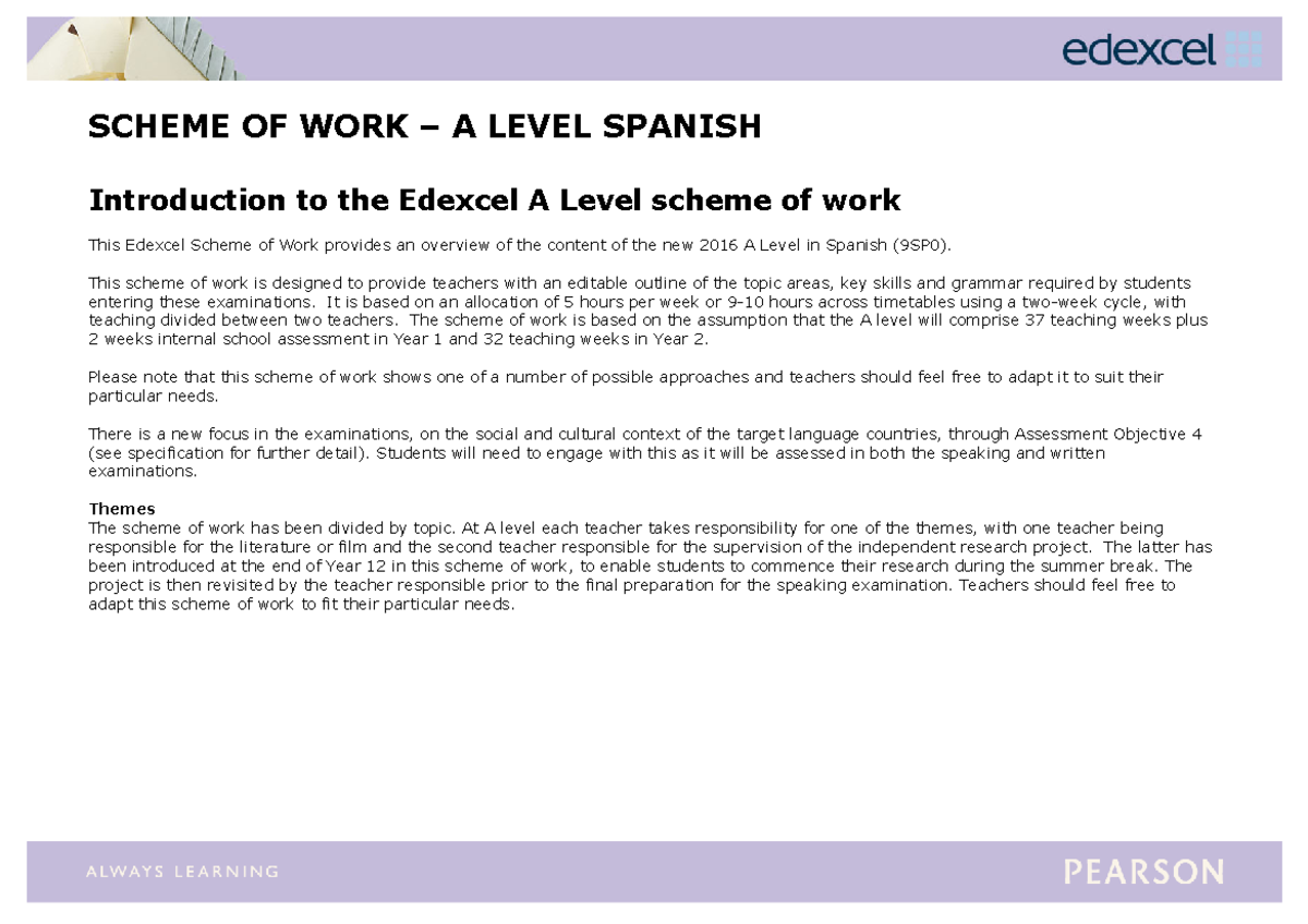 Scheme of work a level spanish - SCHEME OF WORK – A LEVEL SPANISH ...