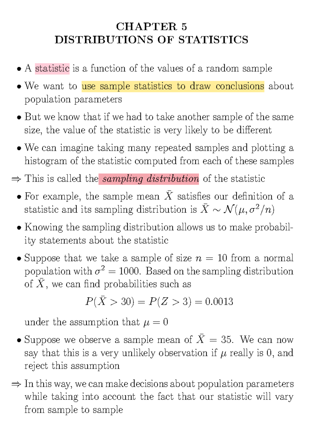 Chapter 5 Summary 2022 - CHAPTER 5 DISTRIBUTIONS OF STATISTICS A ...