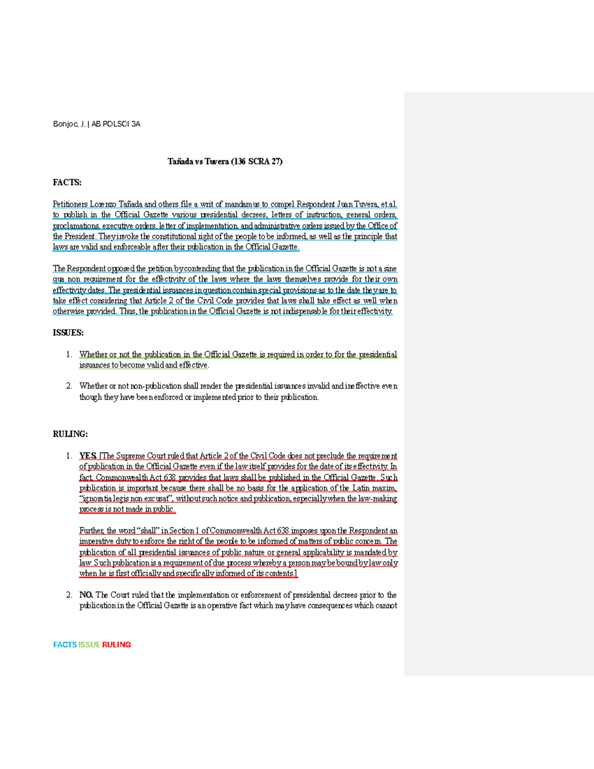 CASE Digests Intro TO LAW not complete - Tañada vs Tuvera (136 SCRA 27 ...