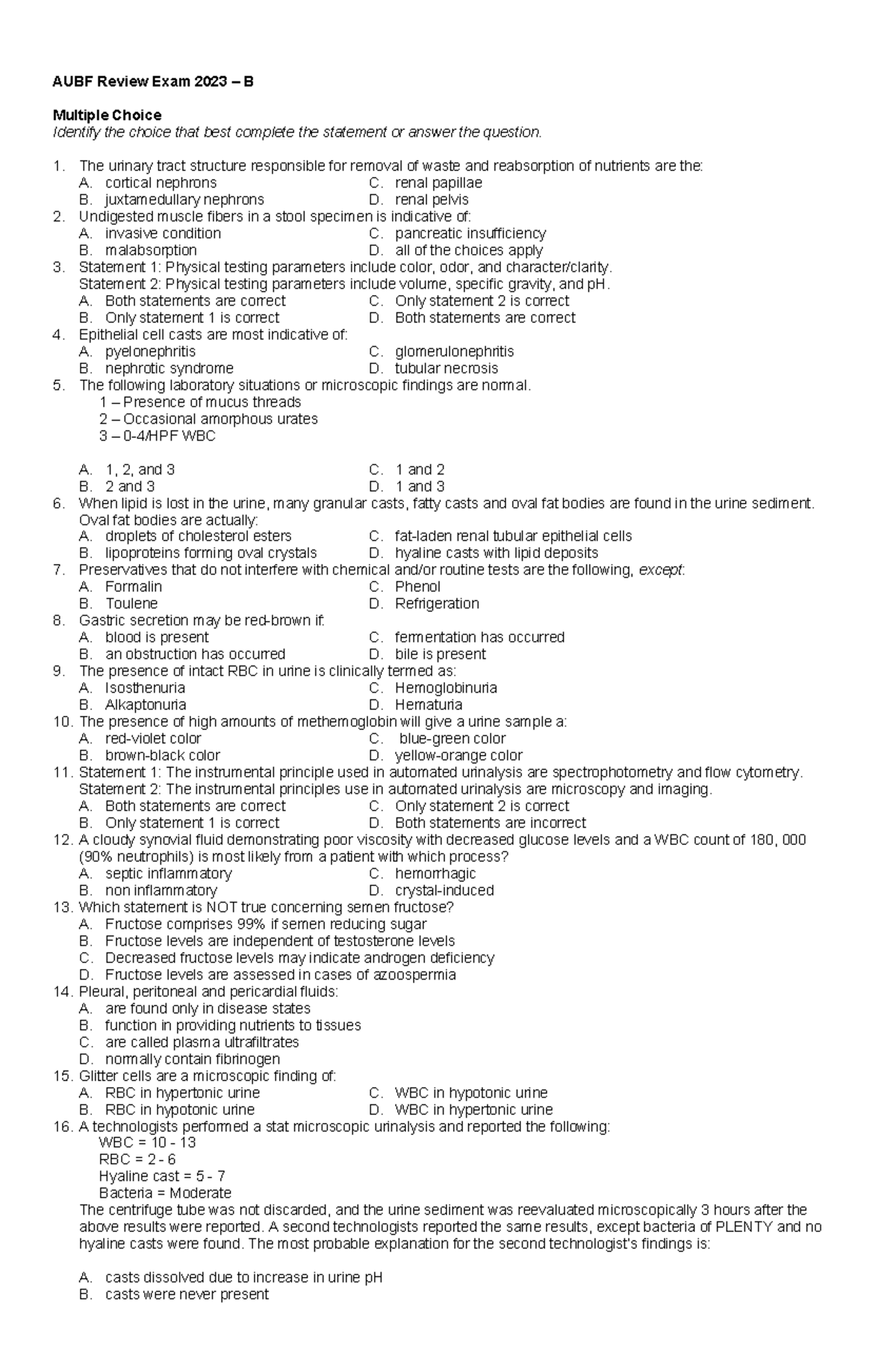 AUBF - AUBF Practice Questions - AUBF Review Exam 2023 – B Multiple ...