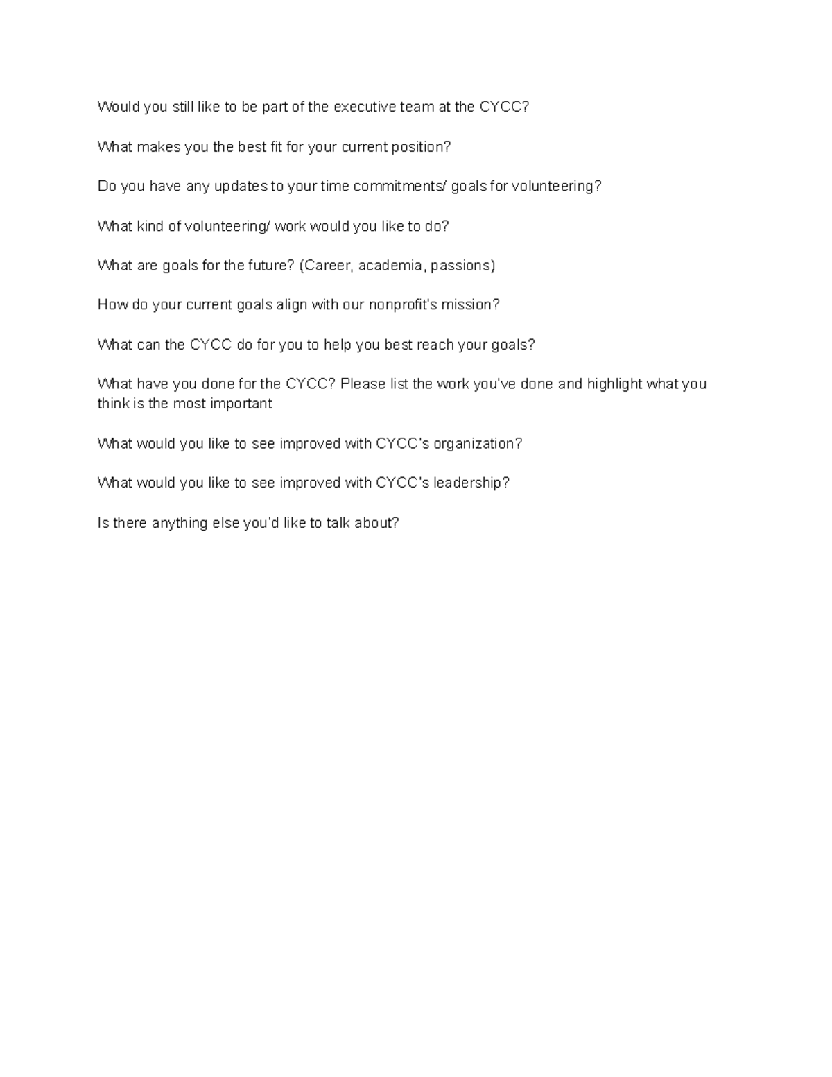 CYCC Volunteer Review - CYCC all notes culumative. - Would you still ...